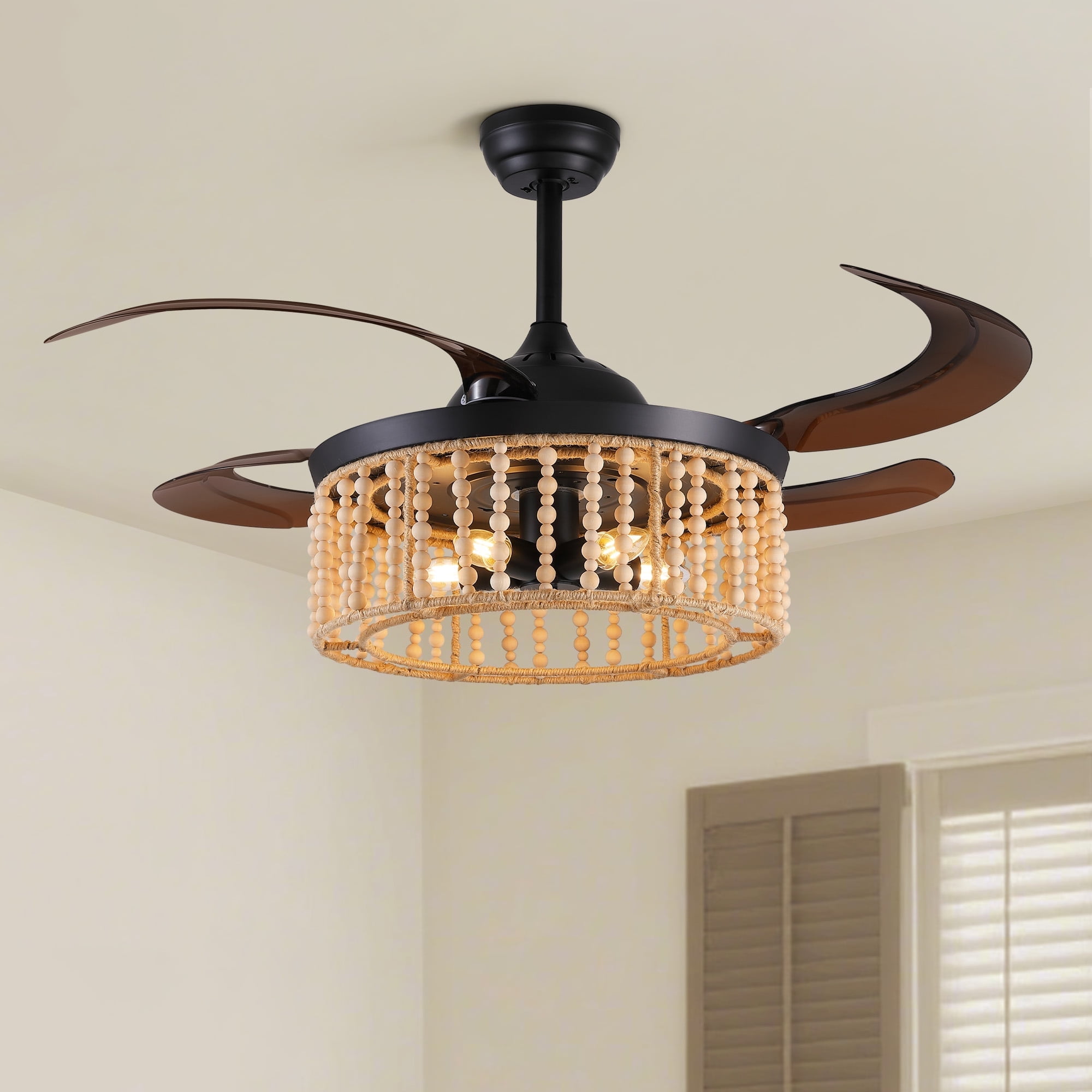 HOOMEDELIER 48'' Black Boho 4-Blade Retractable Ceiling Fan with Lights ...