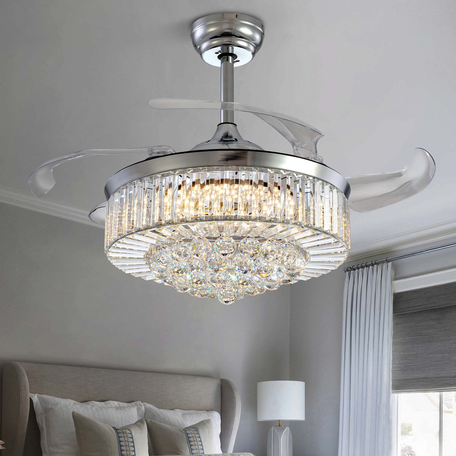 "HOOMEDELIER Crystal 48"" Glam Ceiling Fan Light with 4 Retractable ...