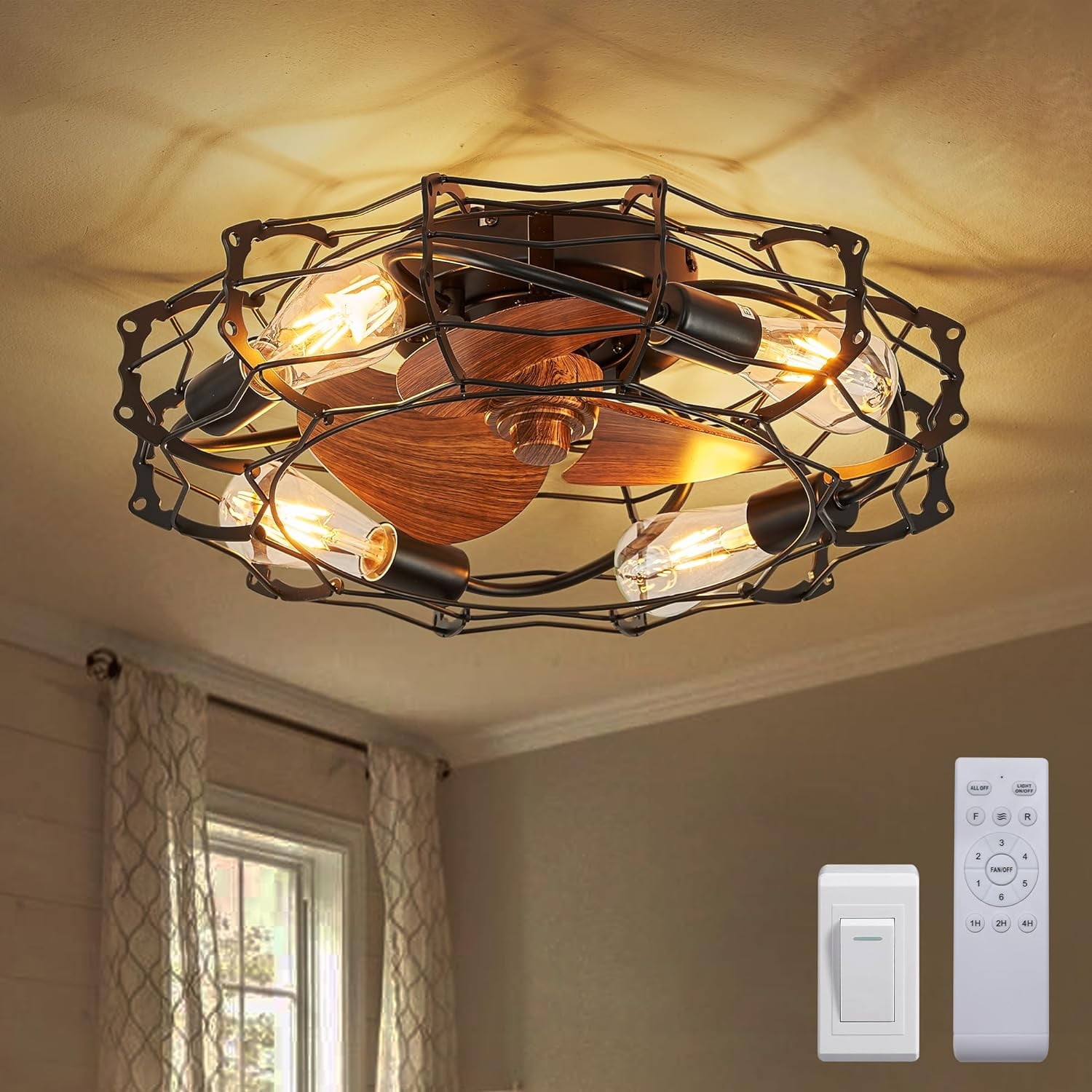HOOMEDELIER Caged Ceiling Fan with Light and Remote , 21" Farmhouse ...