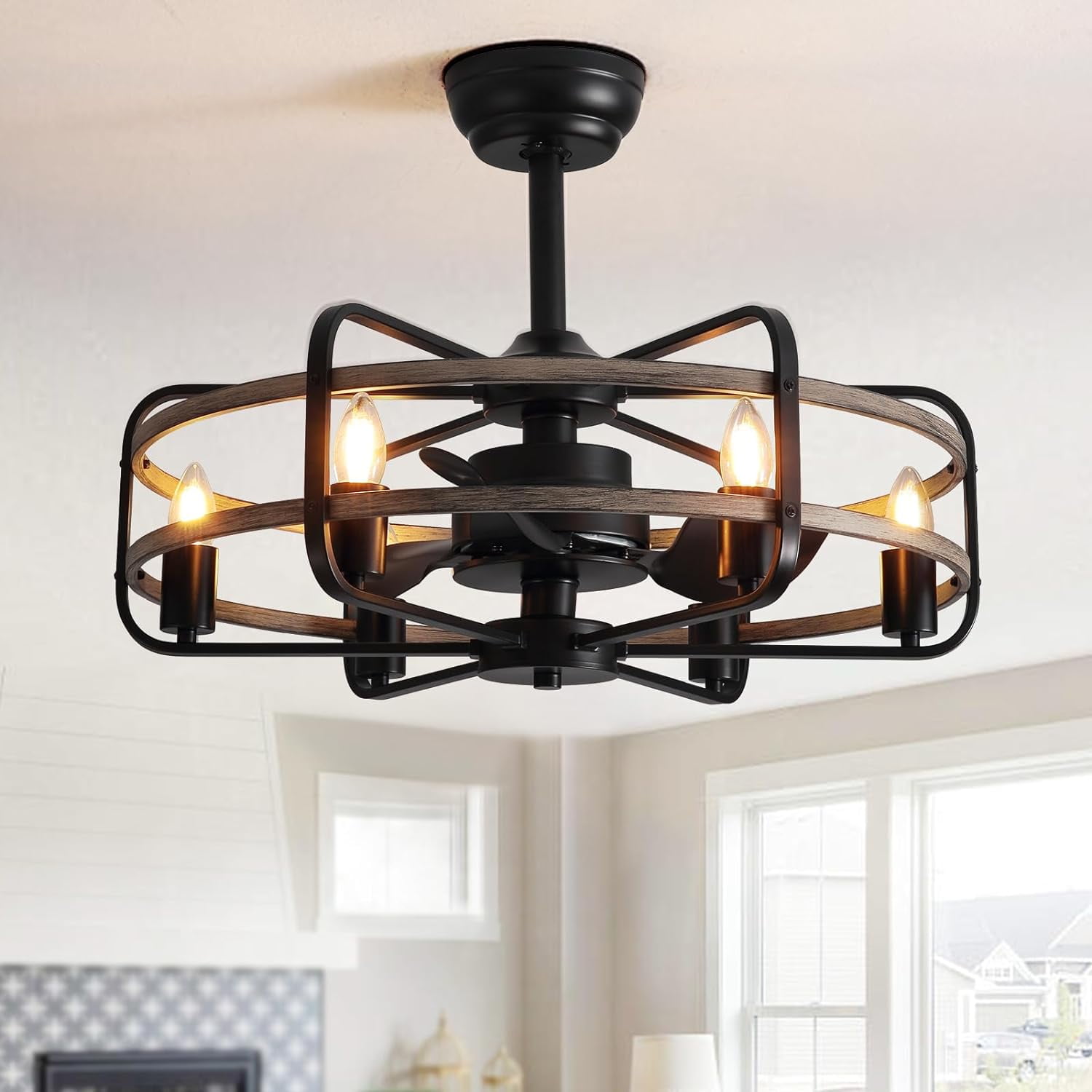 HOOMEDELIER Ceiling Fan with Lights Remote Control 25“Rustic Bladeless ...