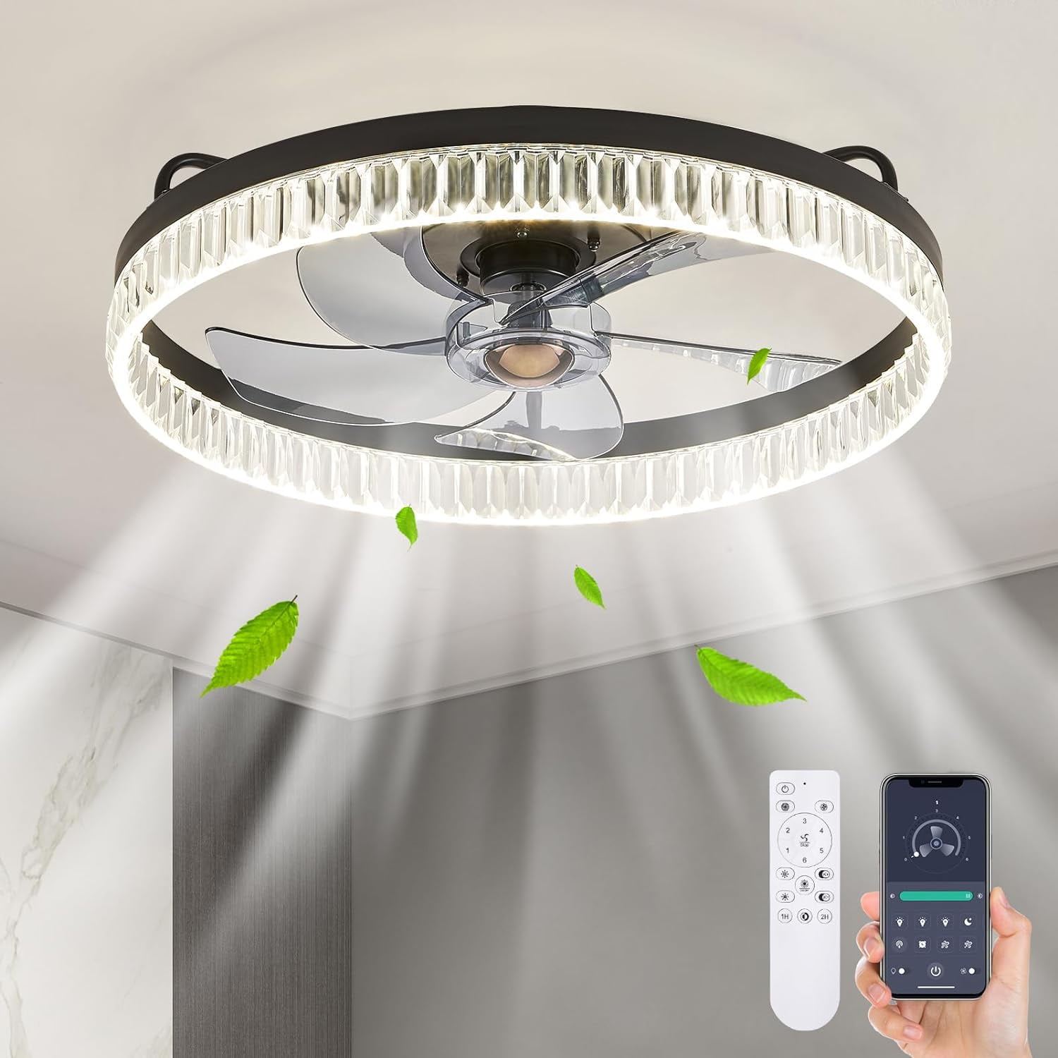 HOOMEDELIER Indoor Celing Fan with Light, 20" Low Profile Flush Mount ...