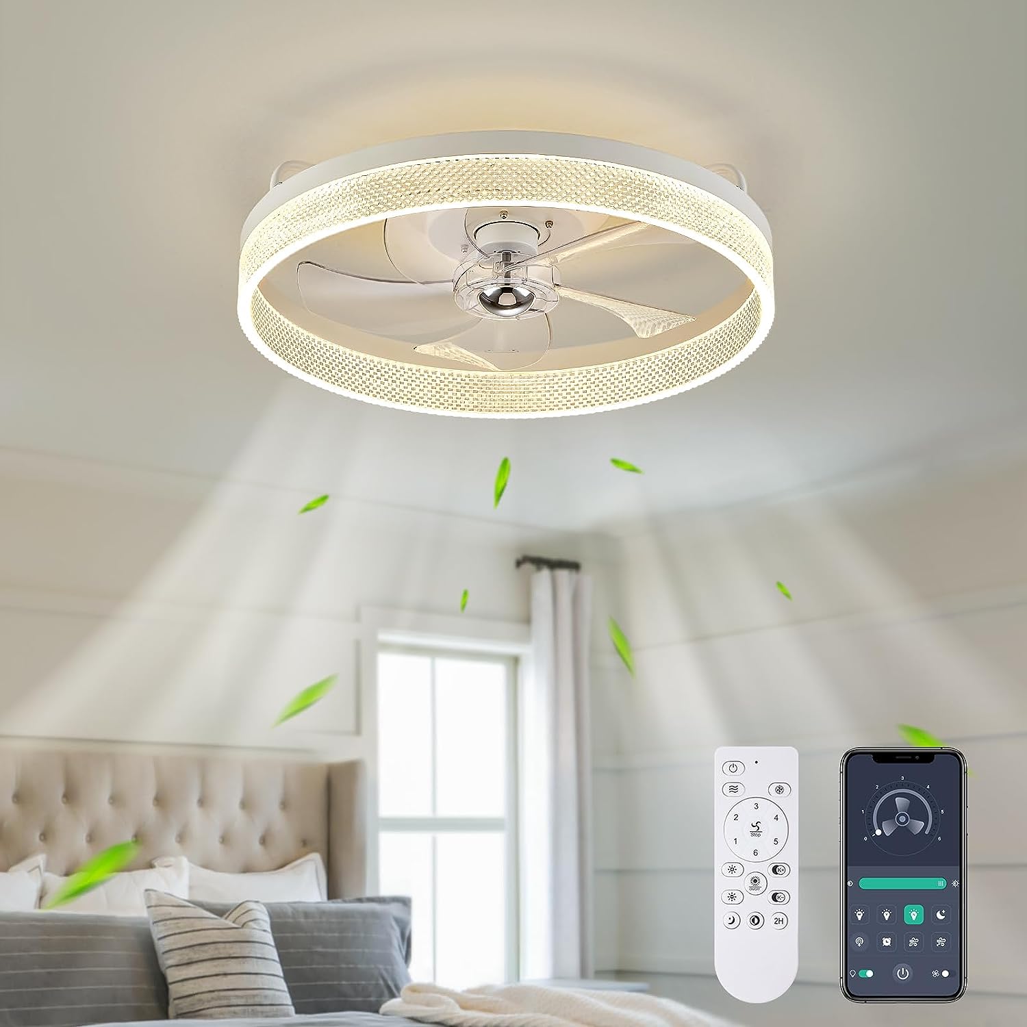 LATATA Ceiling Fan with Light,48W 6 Wind Speed Dimmable 3Colors 19''LED ...