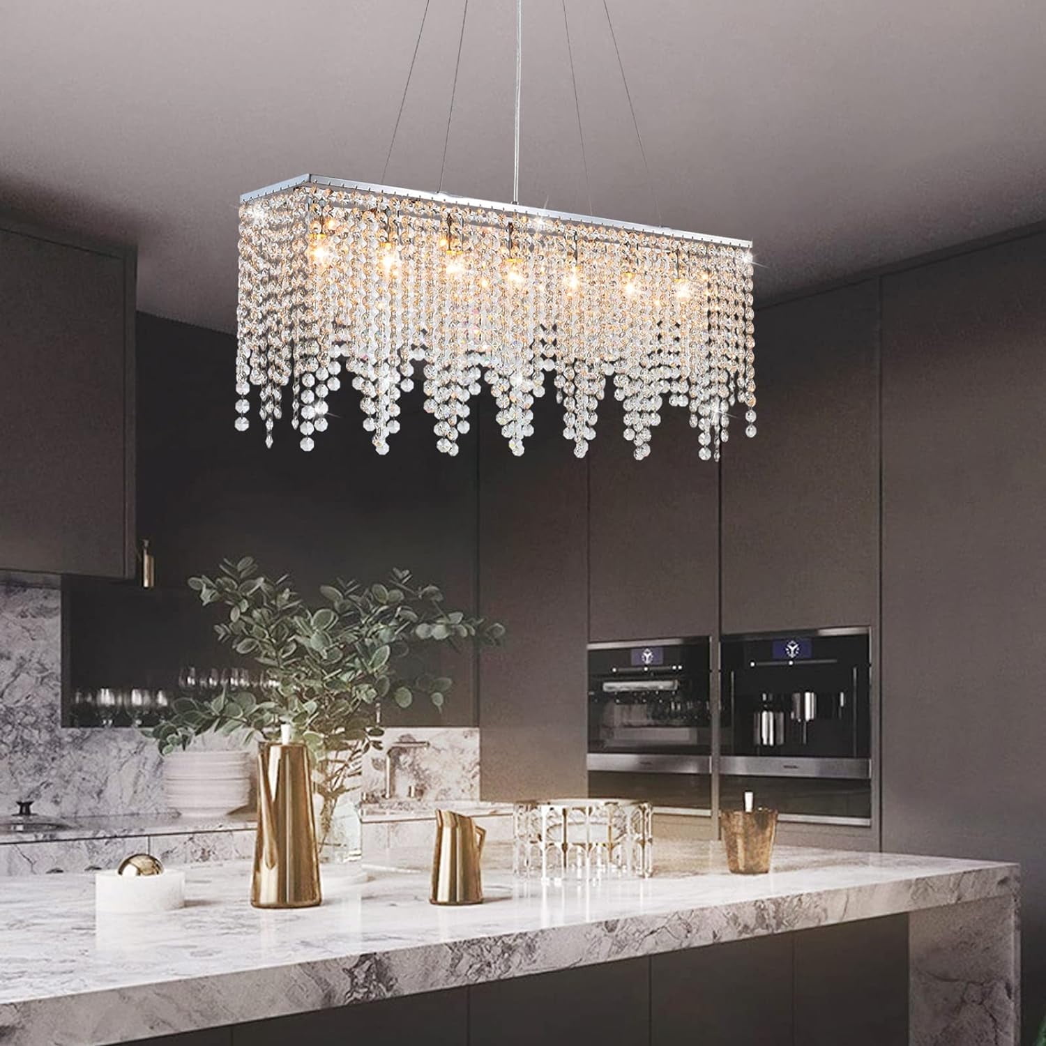 HOOMEDELIER Modern Crystal Chandelier, L47" 10-Light Luxury Rectangle ...