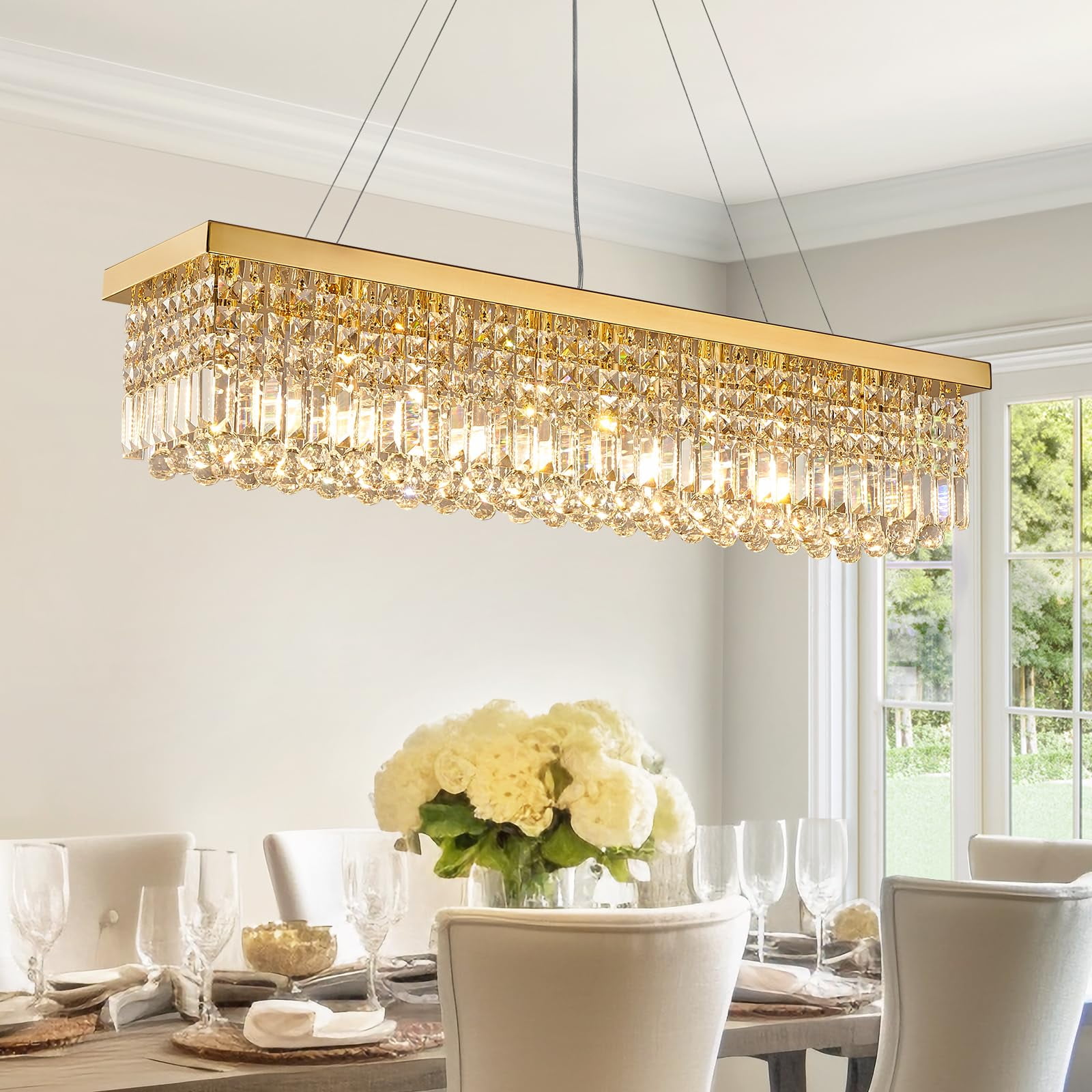 HOOMEDELIER Rectangle K9 Crystal Chandelier,Luxury LED Chandelier ,Adjustable Gold Pendant ...