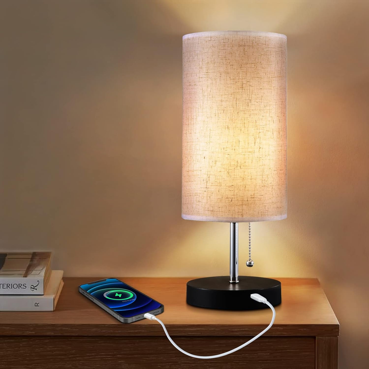 HOOMEDELIER USB Table Lamp, Bedside Table & Desk Lamp with Fabric Linen ...