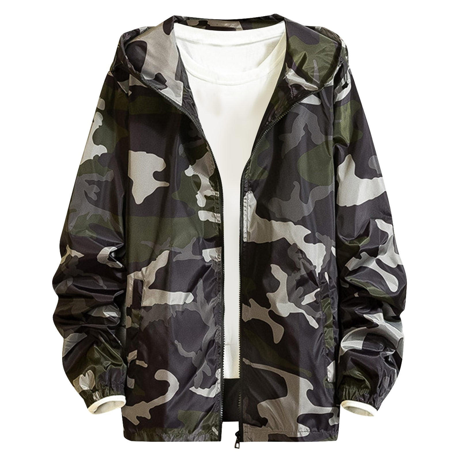 HOOMEUMY Men's Camouflage Lightweight Jacket Hooded Windbreaker Zipper ...