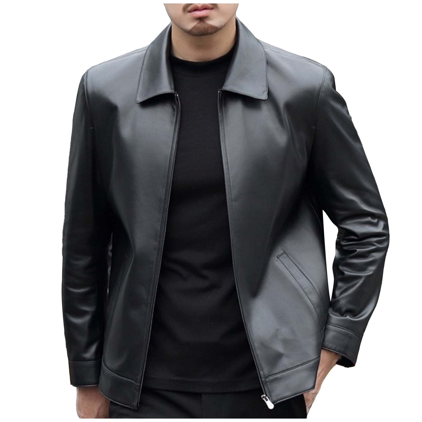 HOOMEUMY Men's Leather Jacket Zipper Stand Collar Long Sleeve Turndown ...