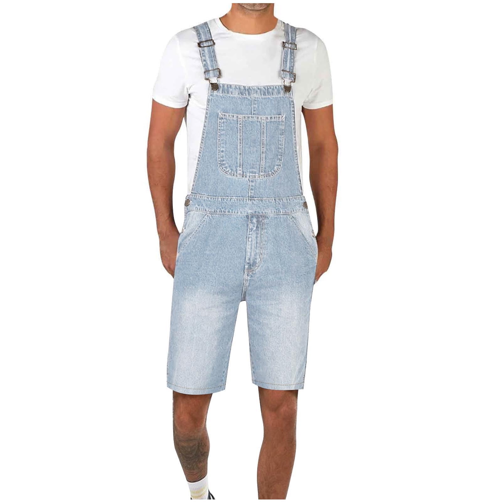 HOOMEUMY Men's Summer Loose Fit Denim Shorts Overalls Bib Overalls ...