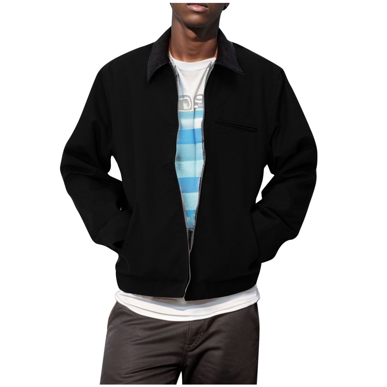 HOOMEUMY Men's Workwear Jacket Cotton Full Zip Long Sleeve Solid Color ...