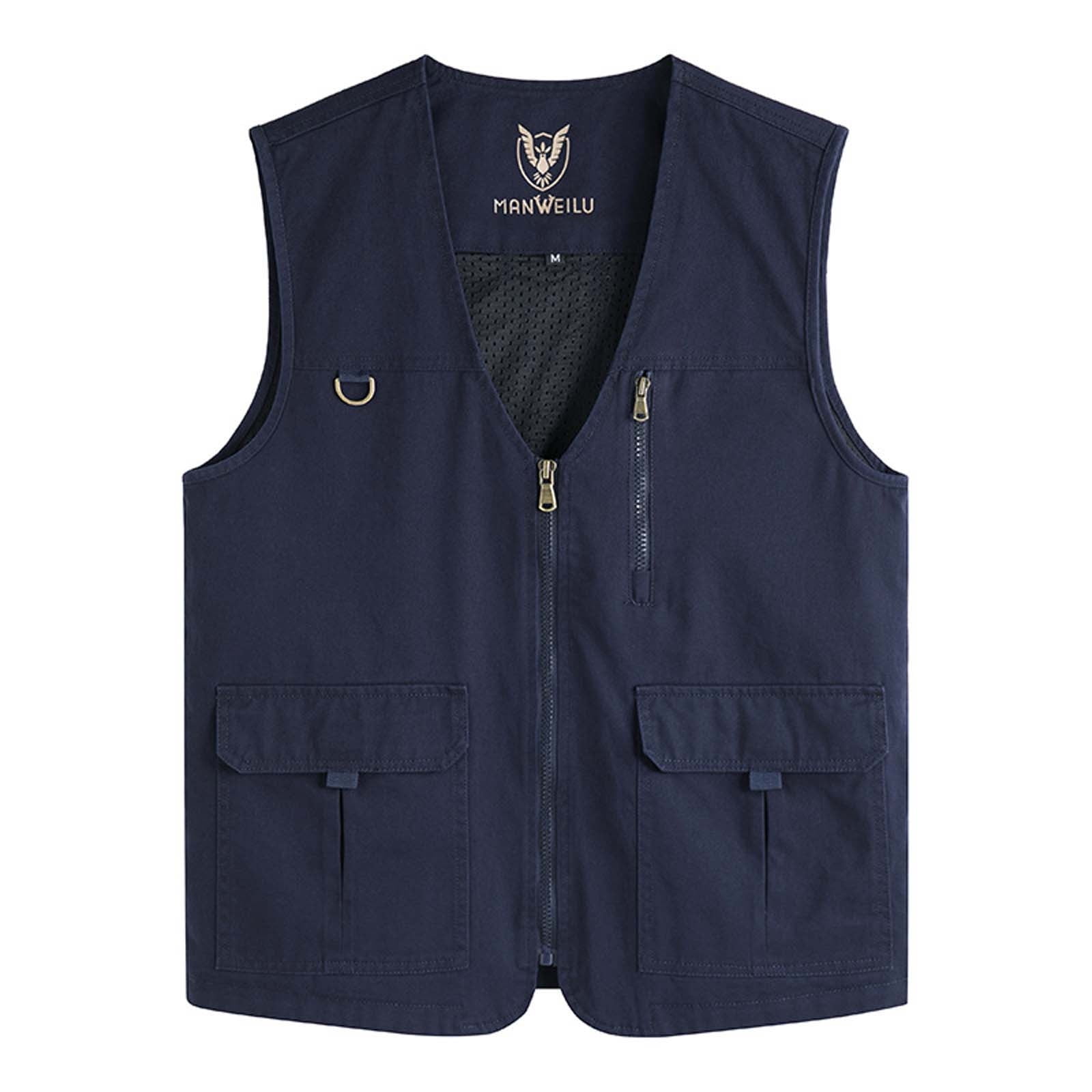 HOOMEUMY Mens Pockets Mesh Cargo Vest V-Neck Design Multi-Pocket Zipper ...