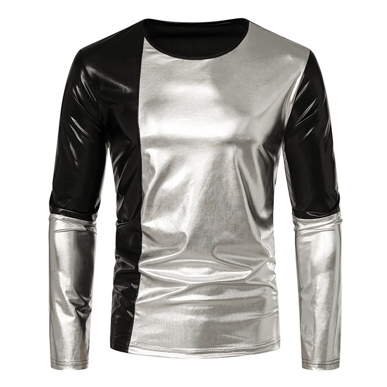 HOOMEUMY Mens Shiny Metallic Shirts Deals Colorblocked Design Crew Neck ...