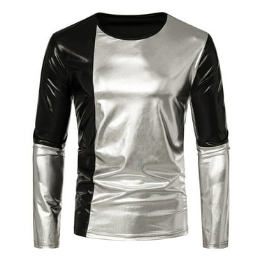 AHTJRT Men's Slim Fit Shiny Metallic V-Neck Blouse Short Sleeve Party ...