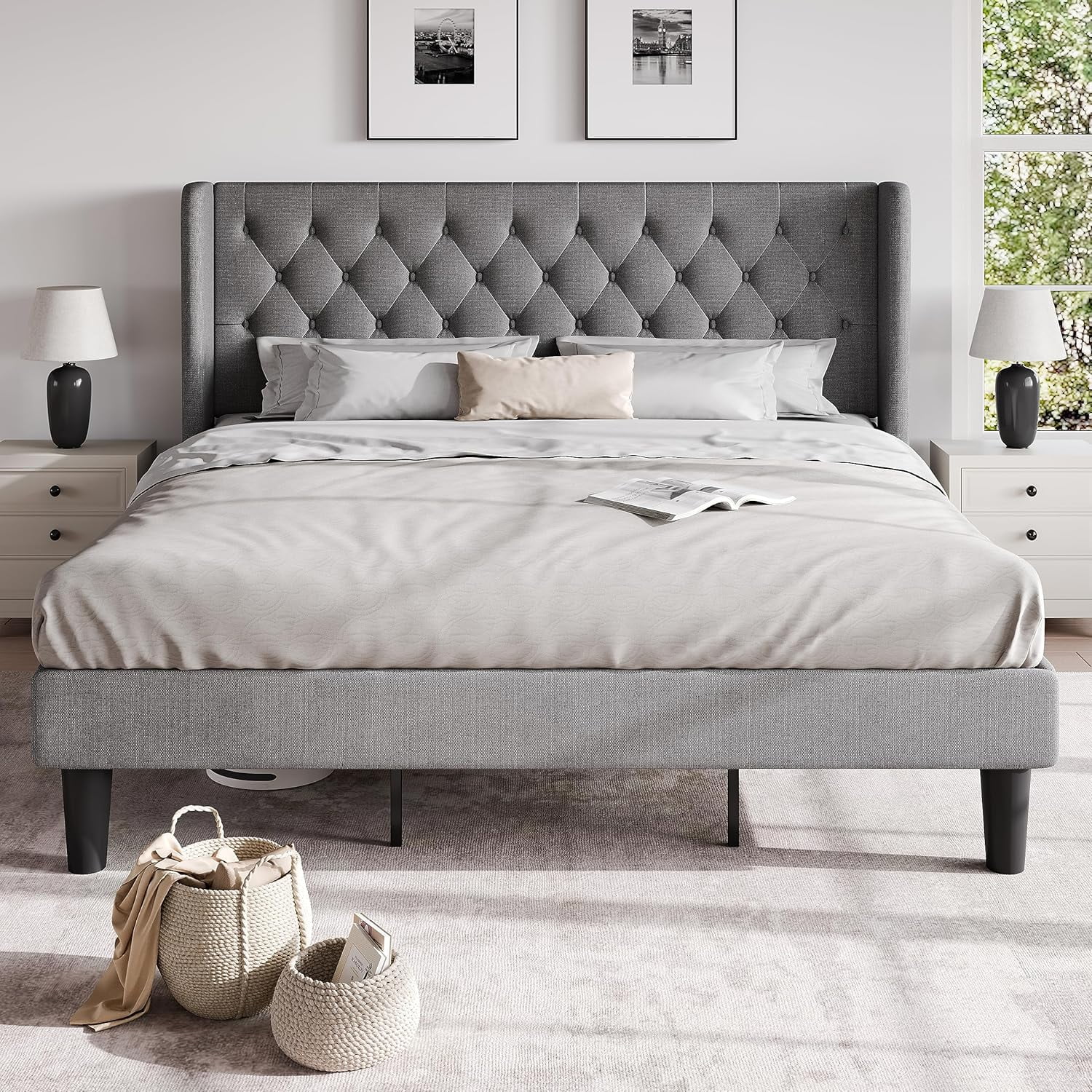 HOOMIC Classic Full Size Bed Frame with Button Tufted Wingback ...