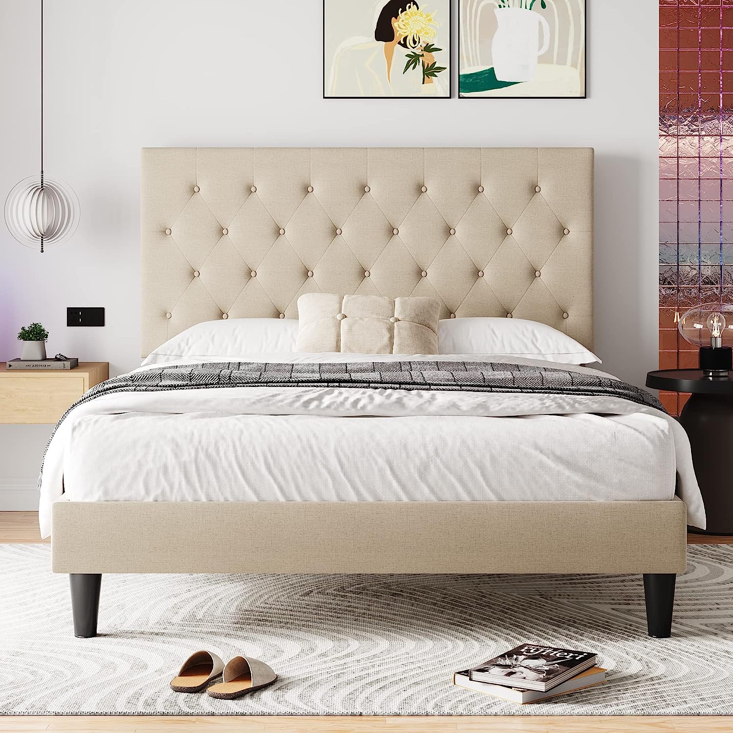 HOOMIC Queen Bed Frame with Adjustable Diamond Tufted Headboard ...
