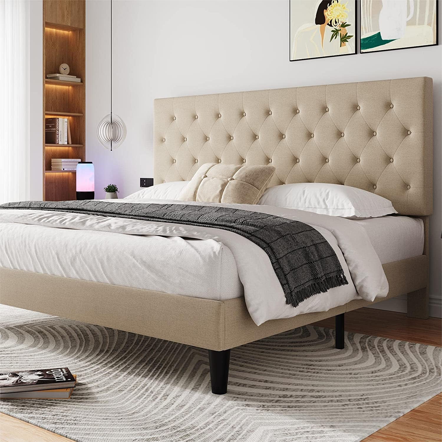 HOOMIC Queen Platform Bed Frame with Adjustable Diamond Tufted ...
