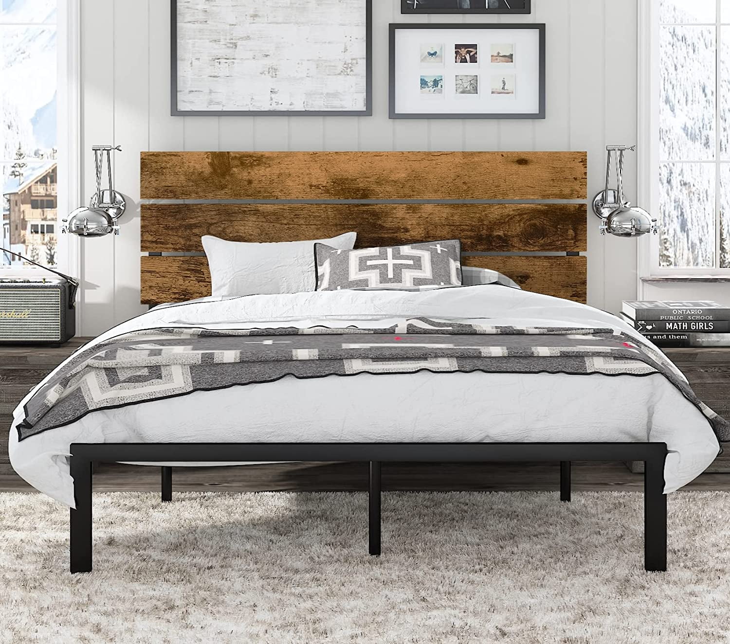 HOOMIC Twin Bed Frame with Wood Headboard,Rustic 3-Boards Design,Heavy ...
