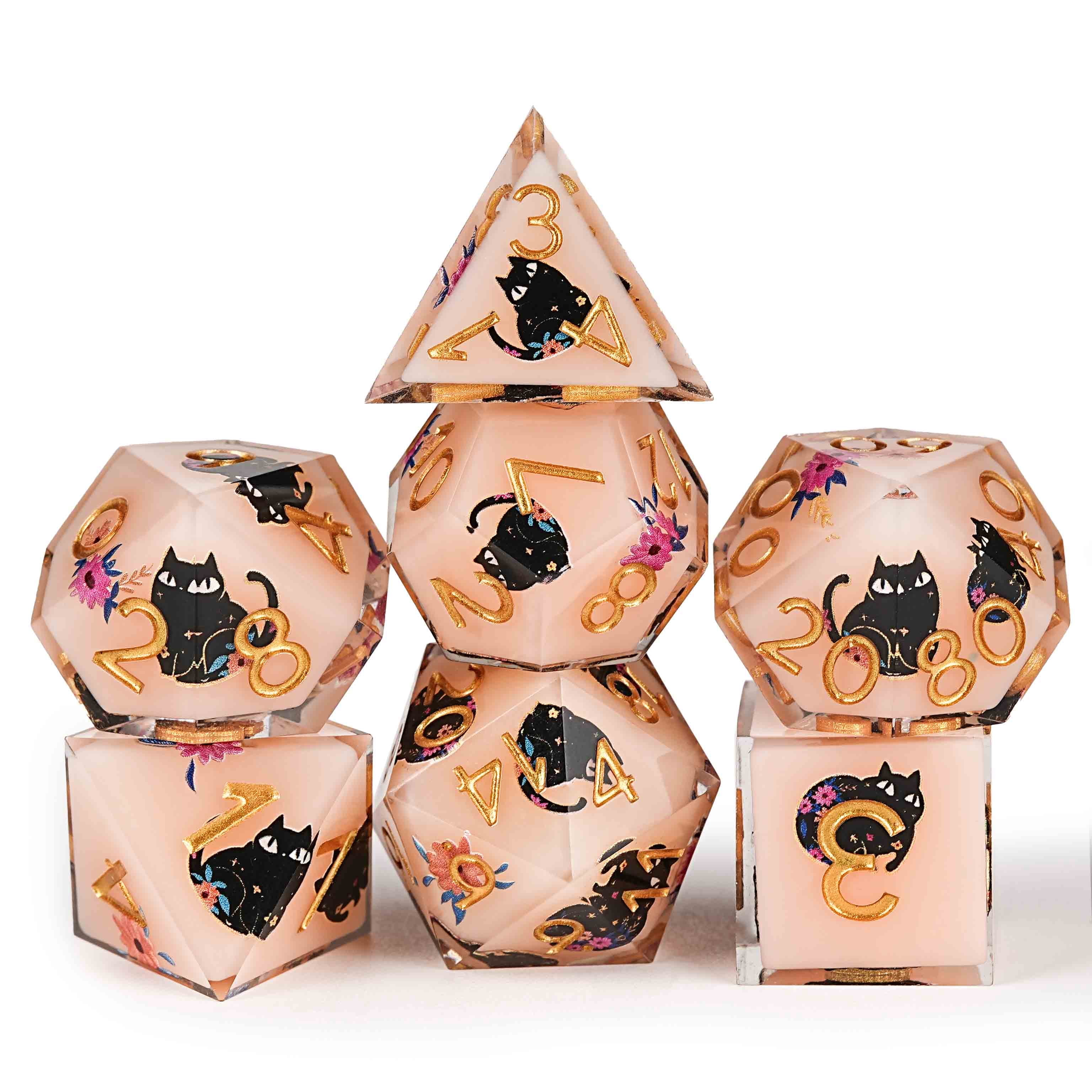 HOONGKAI DND Dice Set,7Pcs,Cute Cat & Flowers Style Polyhedral Resin ...