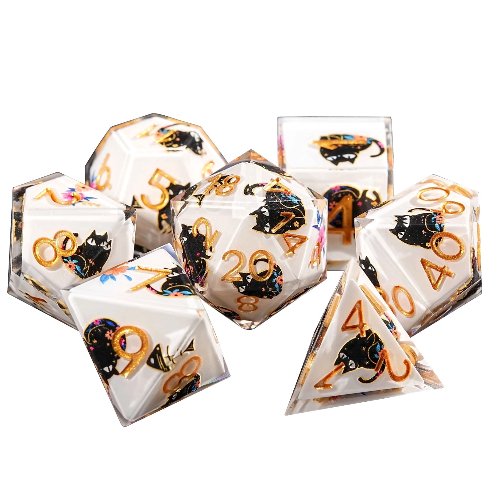 HOONGKAI DND Dice Set,7 Pcs,White Cute Cat & Flowers Style Polyhedral ...