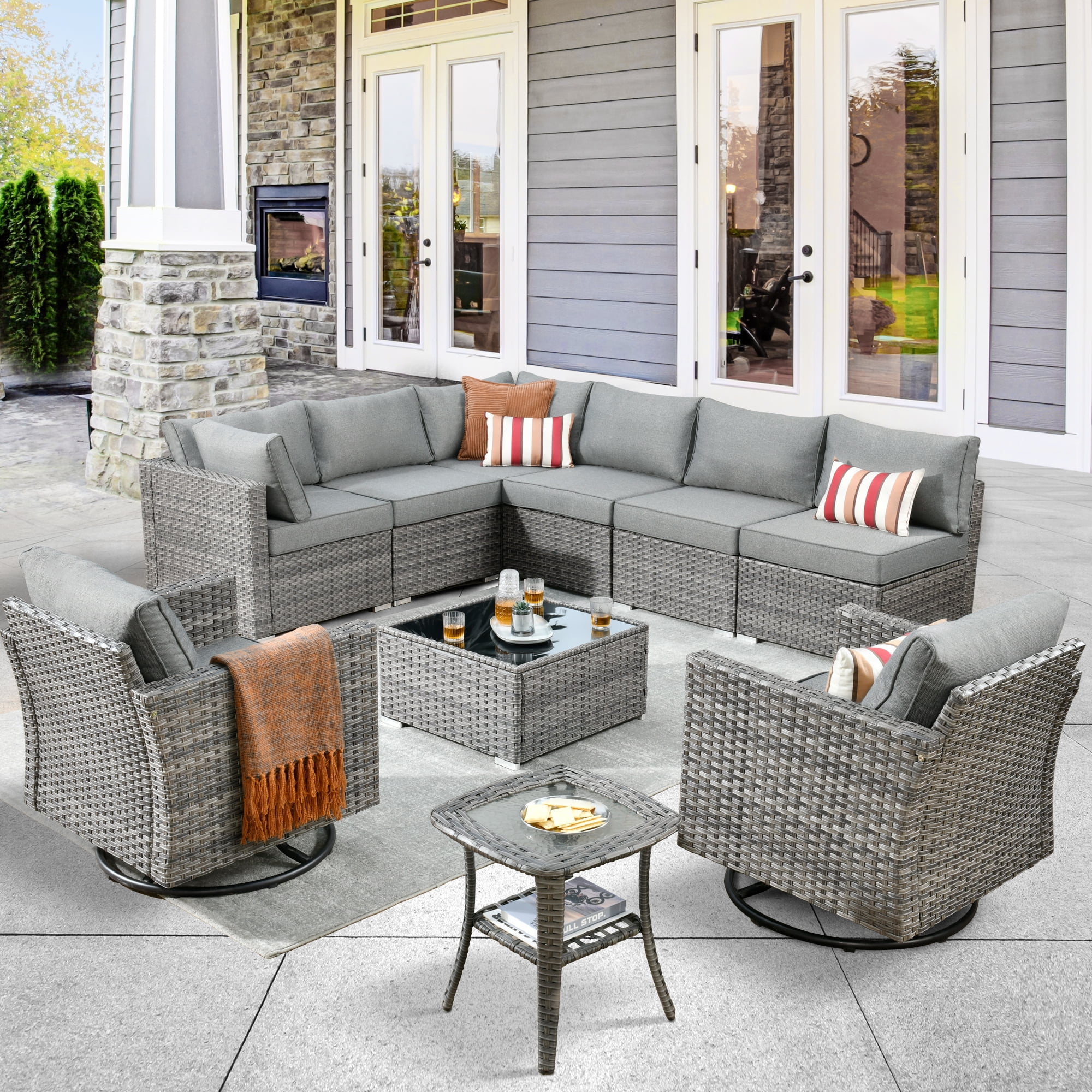 HOOOWOOO 10-Piece Wicker Rattan Patio Set with Cushions, Chairs, Swivel ...