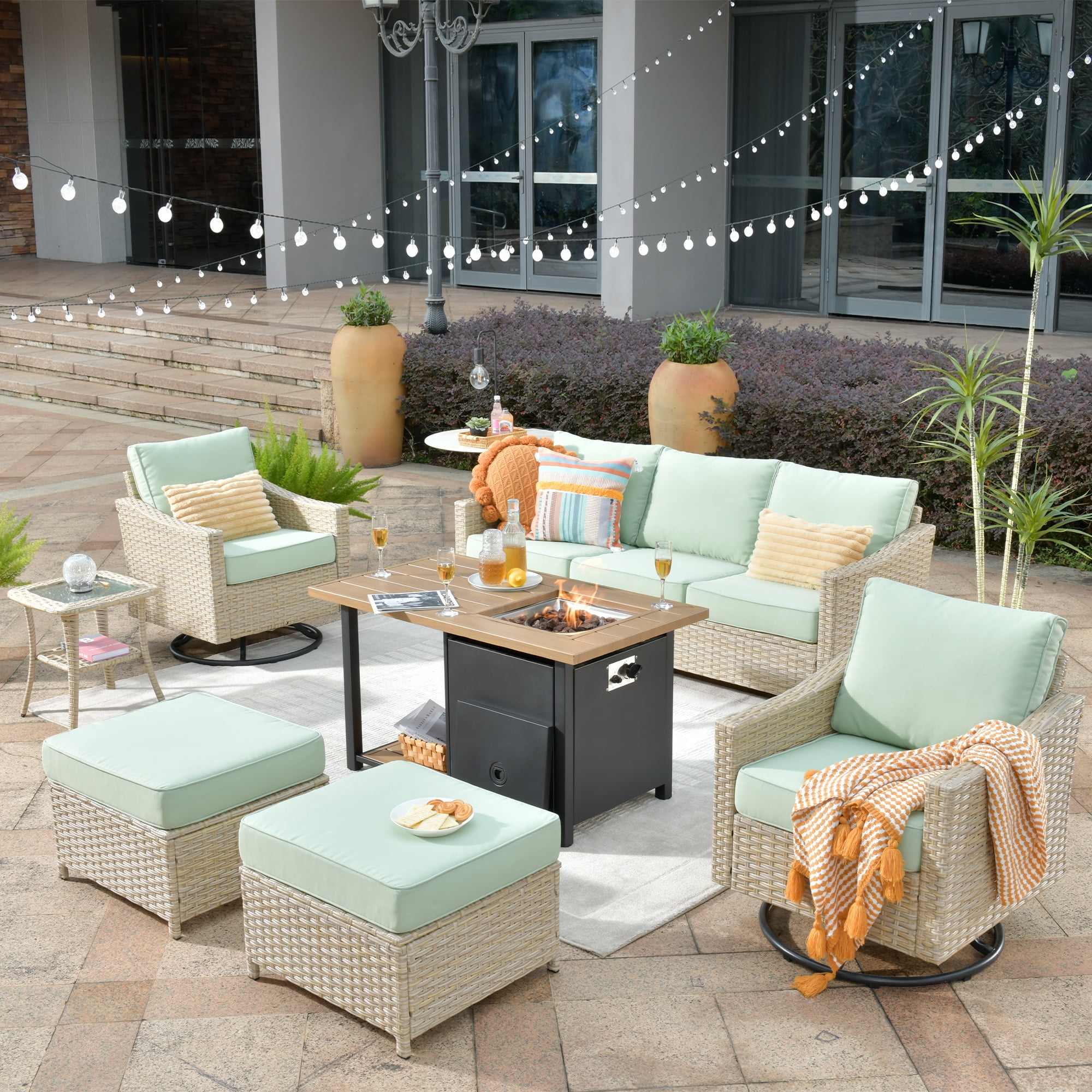HOOOWOOO 7 Pieces Patio Rattan Wicker Furniture Set with Swivel Rocking ...