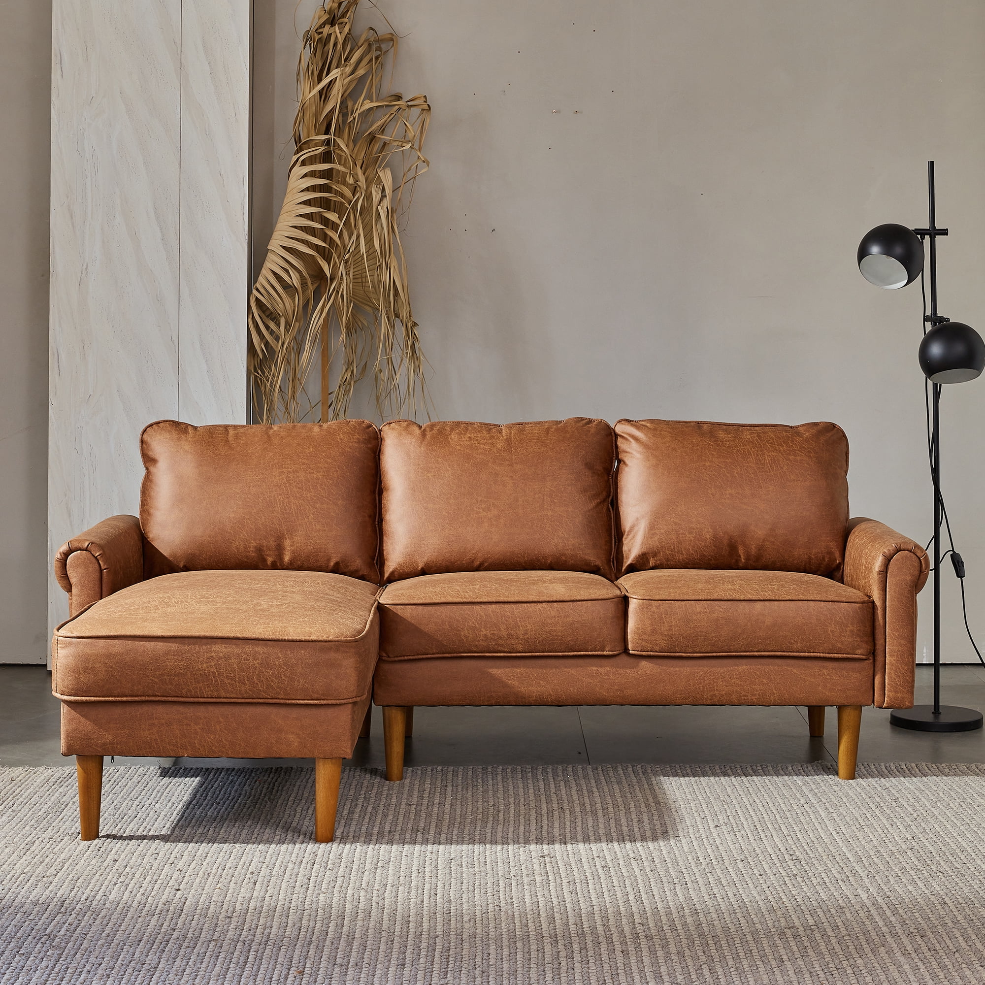 HOOOWOOO L-Shaped Indoor Sectional Sofa, Suede Fabric, Light Brown, 81. ...