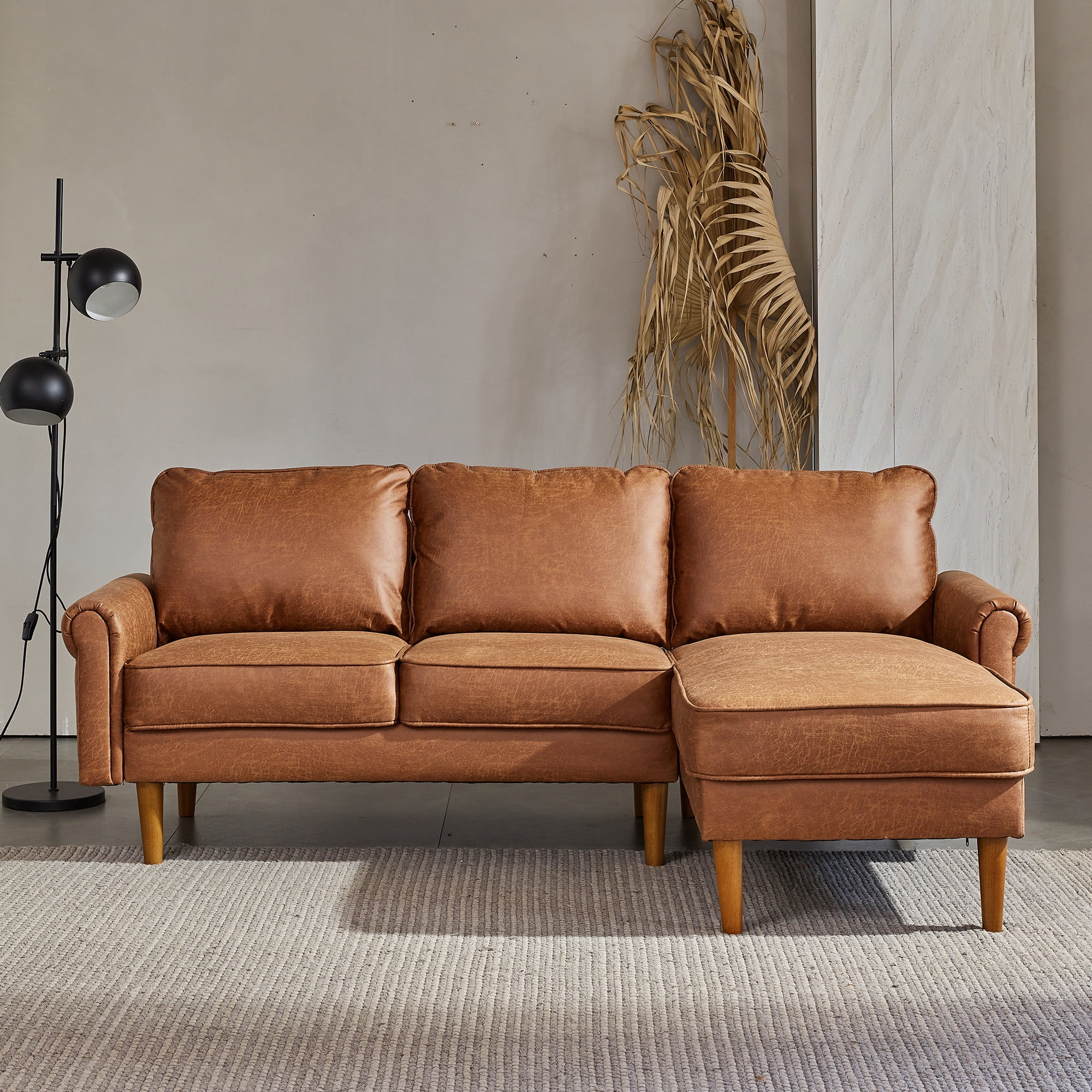 HOOOWOOO 81.50" L-Shaped Sofa, 3-Seats Sectional Convertible, Suede, Right Chaise, Light Brown ...