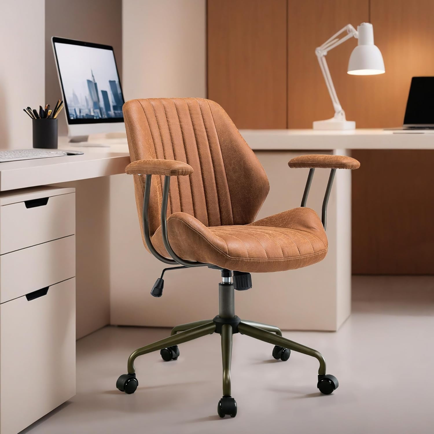 YJ Faux Suede Leather Home Office Desk Chair,MCM Modern Ergonomic Task ...