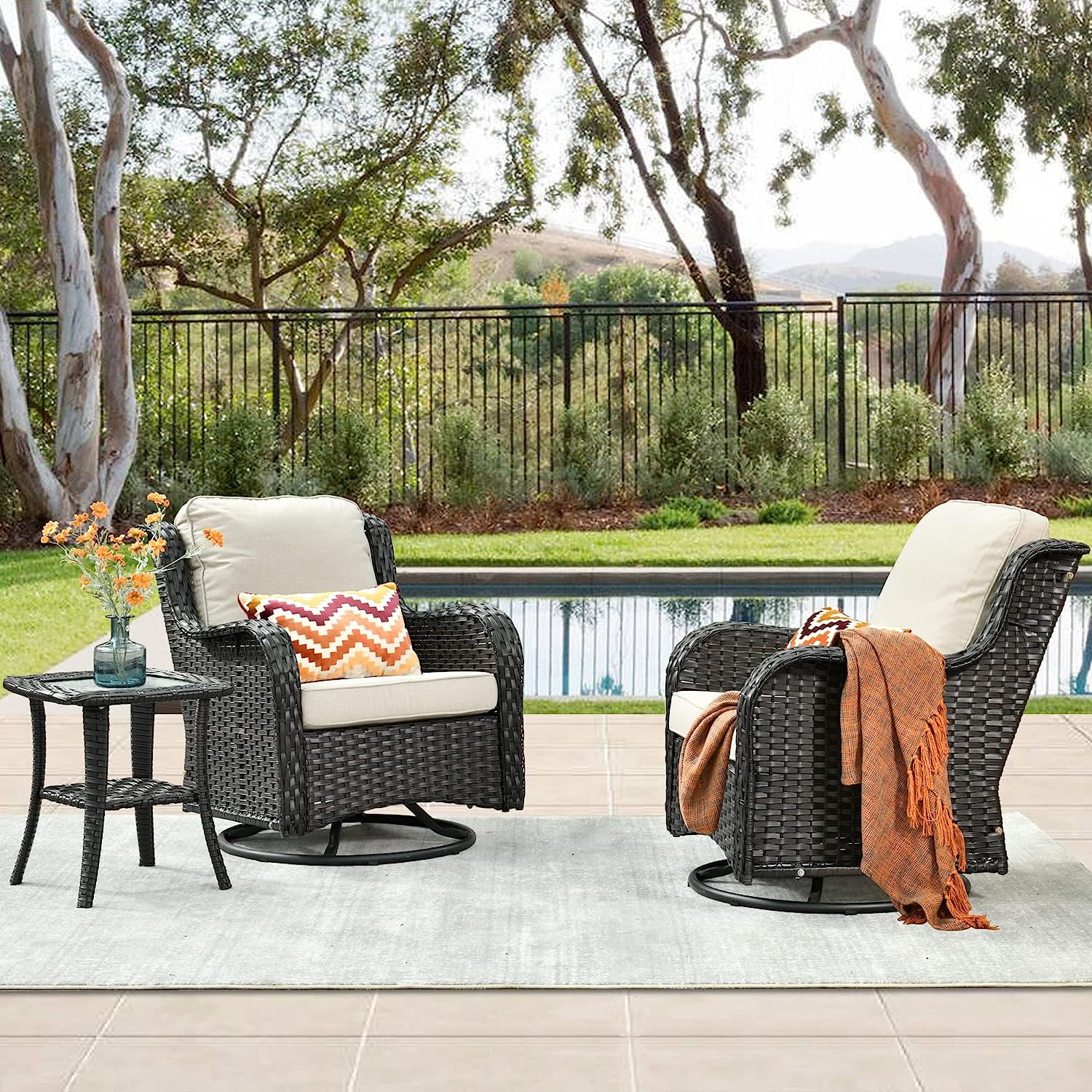 HOOOWOOO Outdoor Patio Wicker Swivel Rocker Set,3-Piece Rocking Chair ...