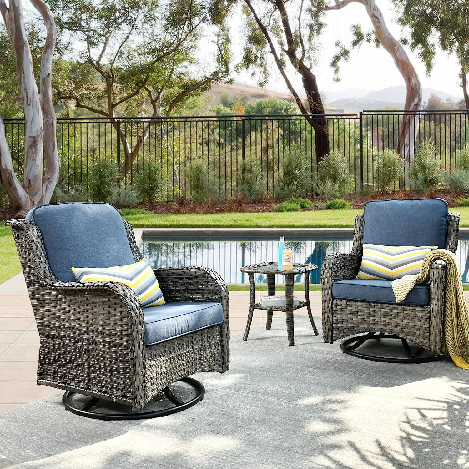 HOOOWOOO 3-Piece Patio Wicker Swivel Rocker Set with Blue Cushions ...