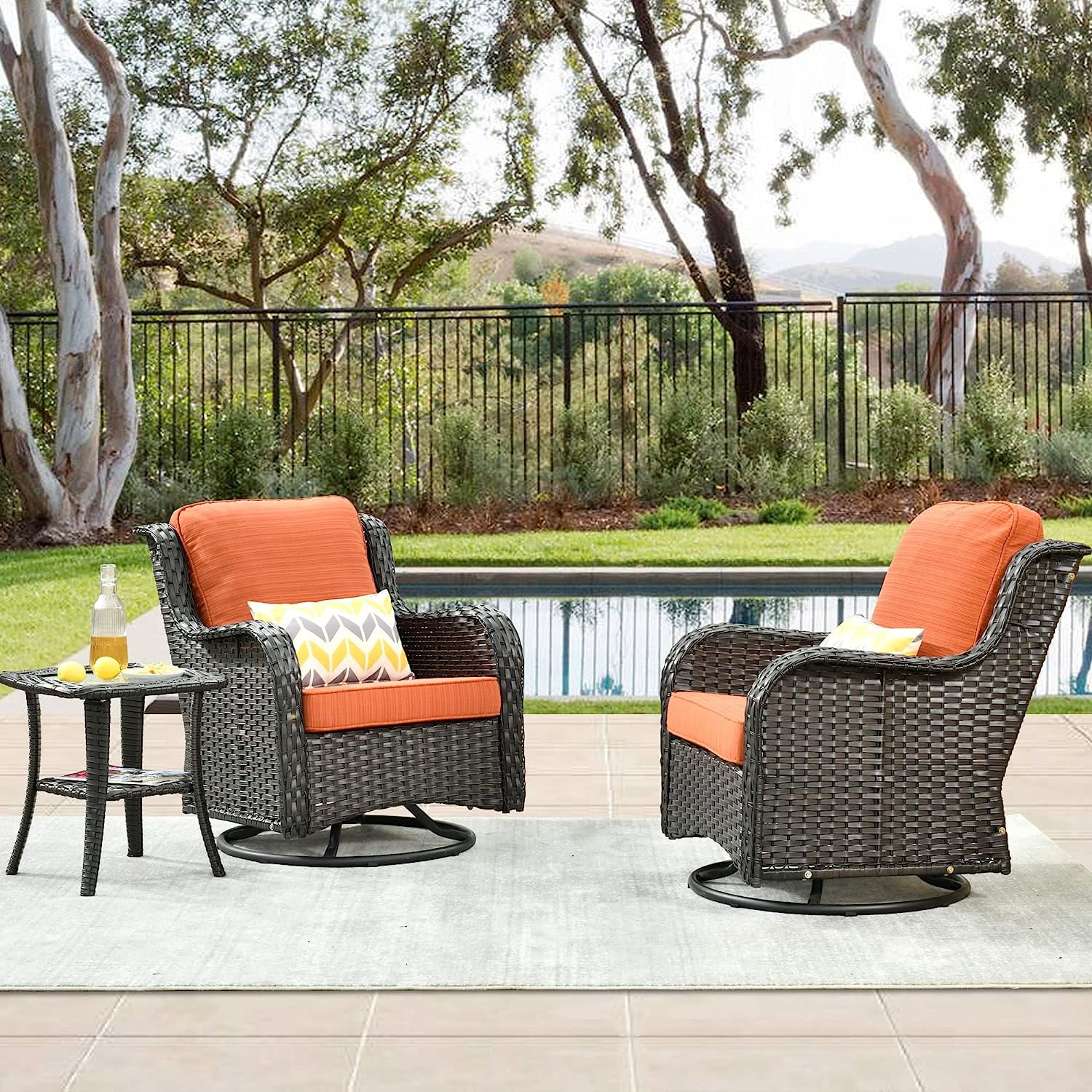 HOOOWOOO 3-Piece Wicker Swivel Rocker Patio Set with Orange Red ...