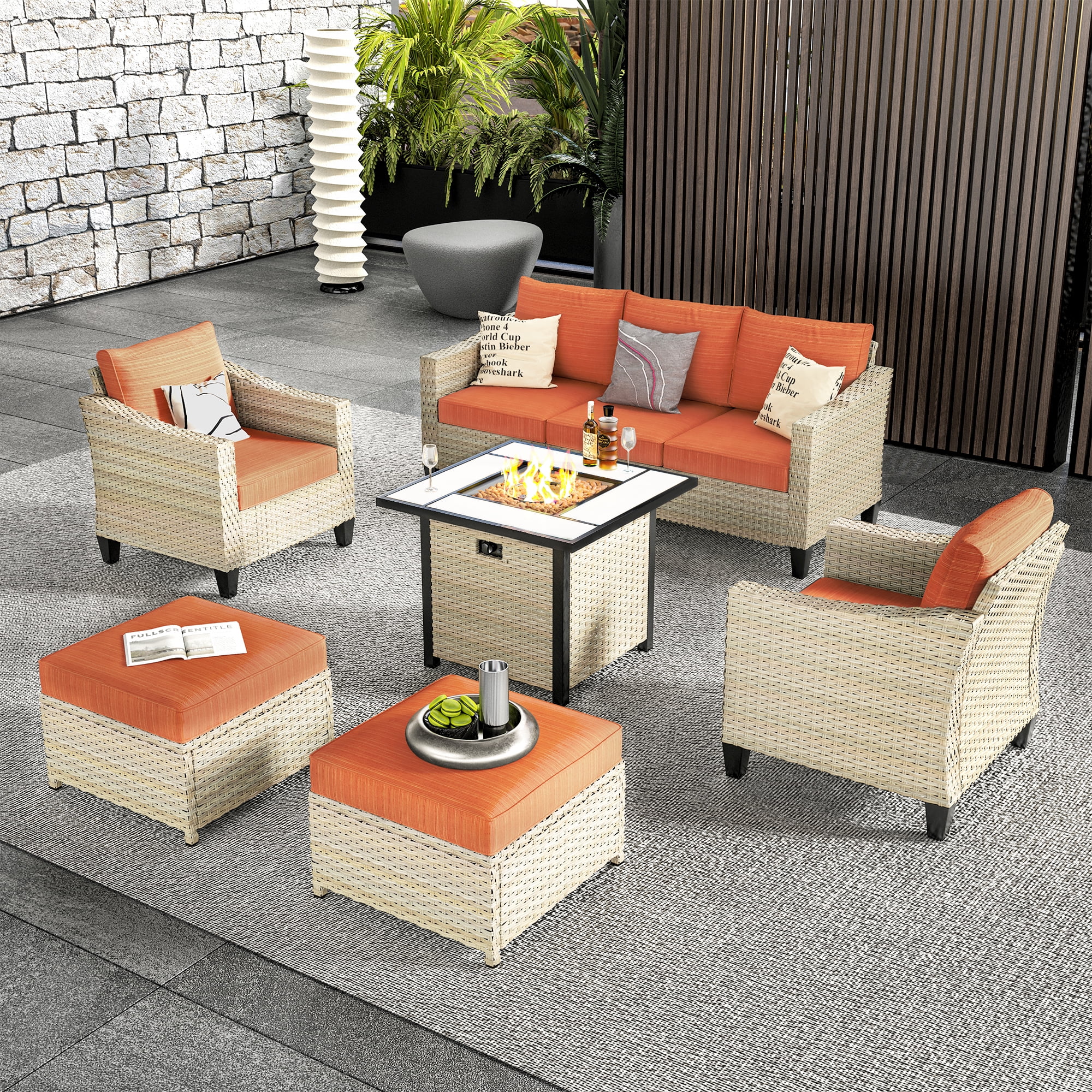 HOOOWOOO Patio Furniture Sofa Chair Set 6 Pieces PE Wicker Rattan ...