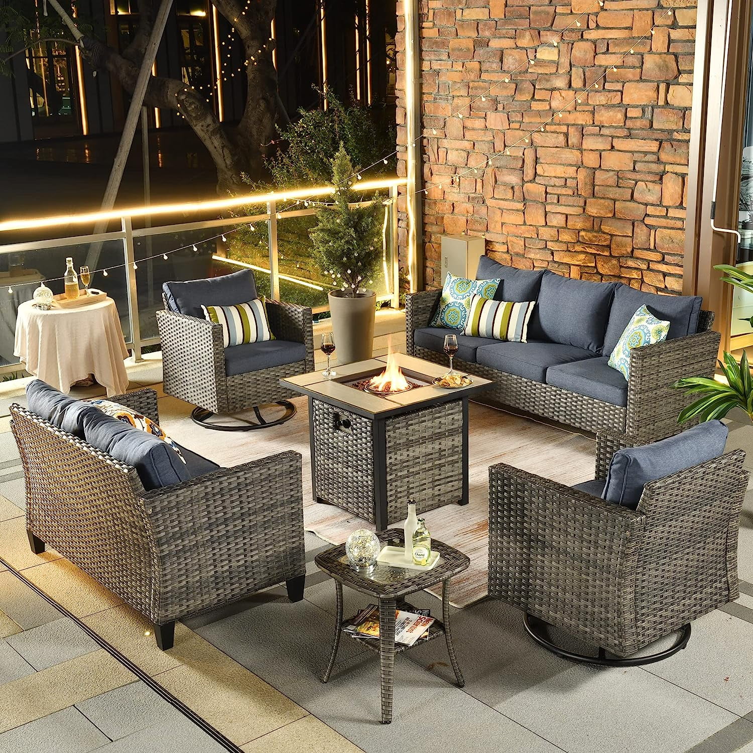 HOOOWOOO Patio Outdoor Conversation Set with Fire Pit Table 6 Pieces ...