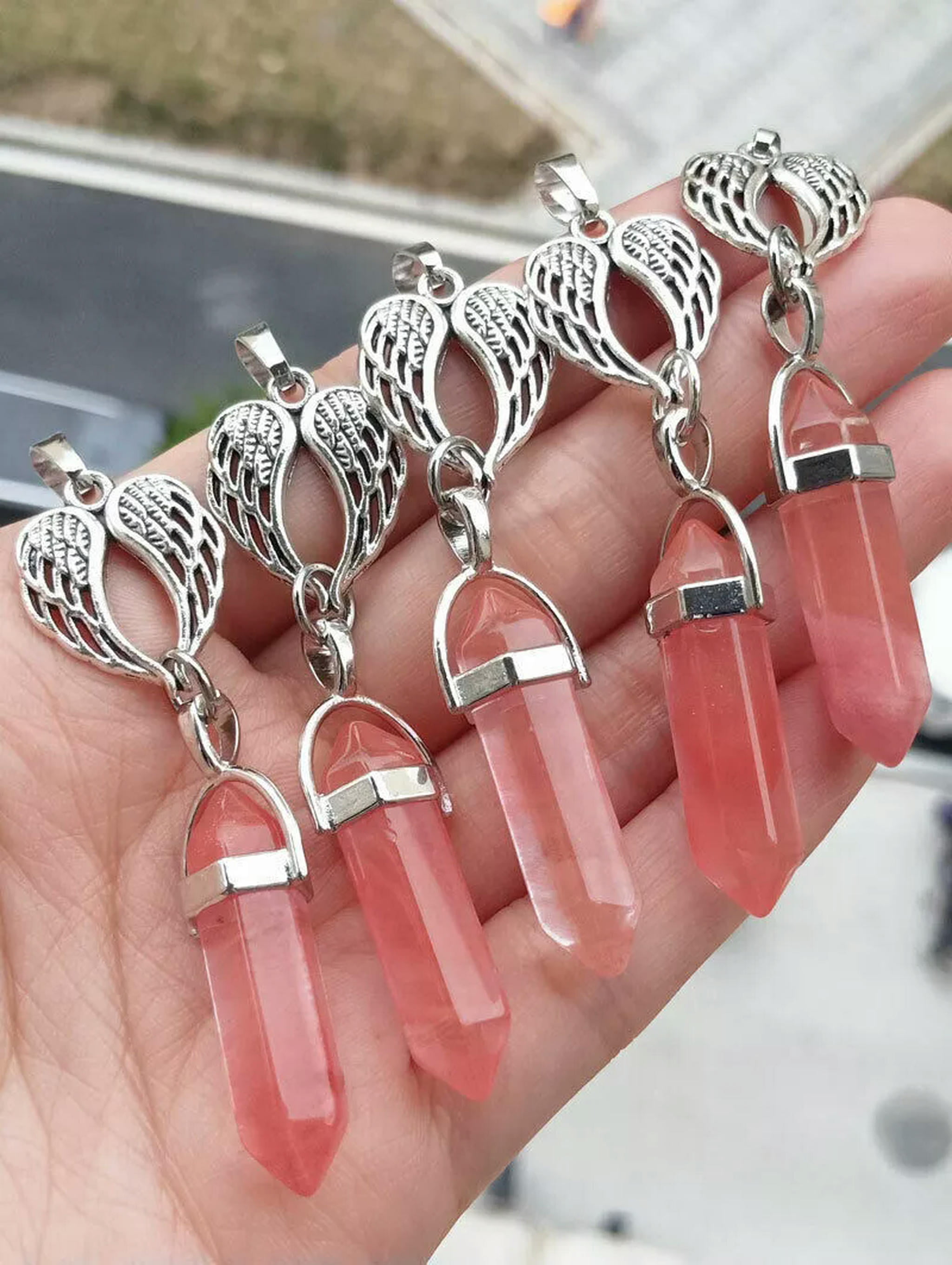 HOOUN 10pcs Cherry Quartz Gems stone Angel Heart Pendants Chakra Reiki ...