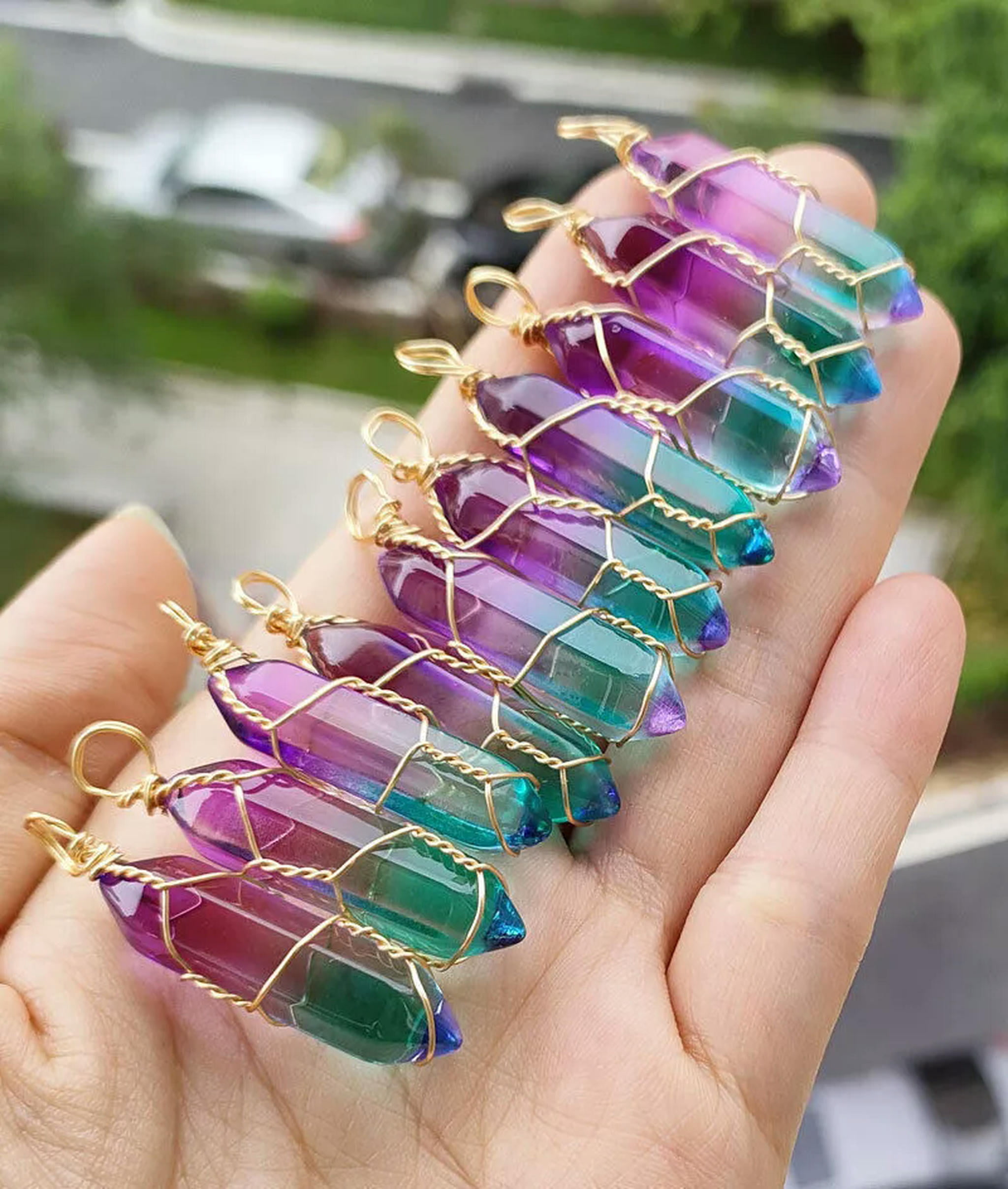 HOOUN 10pcs Colors Crystal Hexagon Point Pendant Chakra Reiki Healing ...