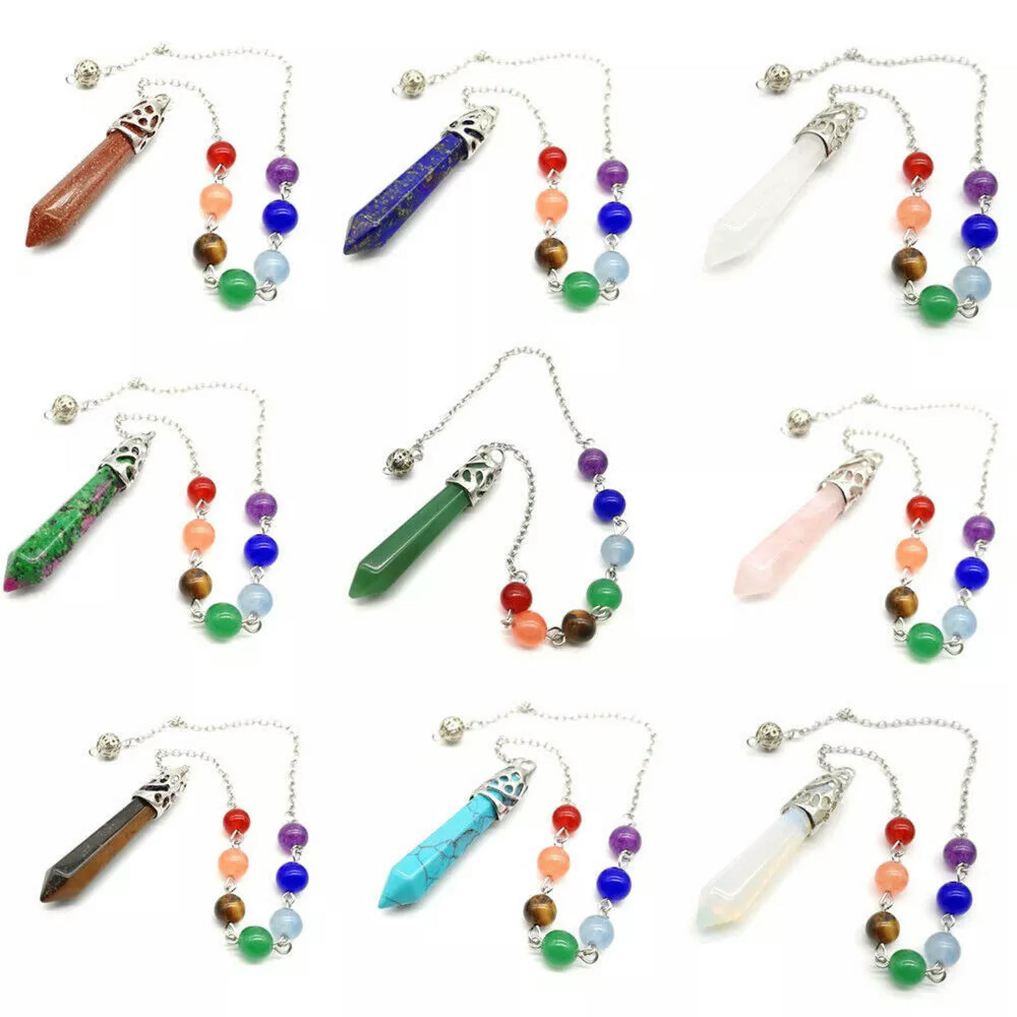 HOOUN 10pcs Mixed Natural Stone & Seven Chakra Silver Overlay Healing Pendulum Pendant - Walmart.com