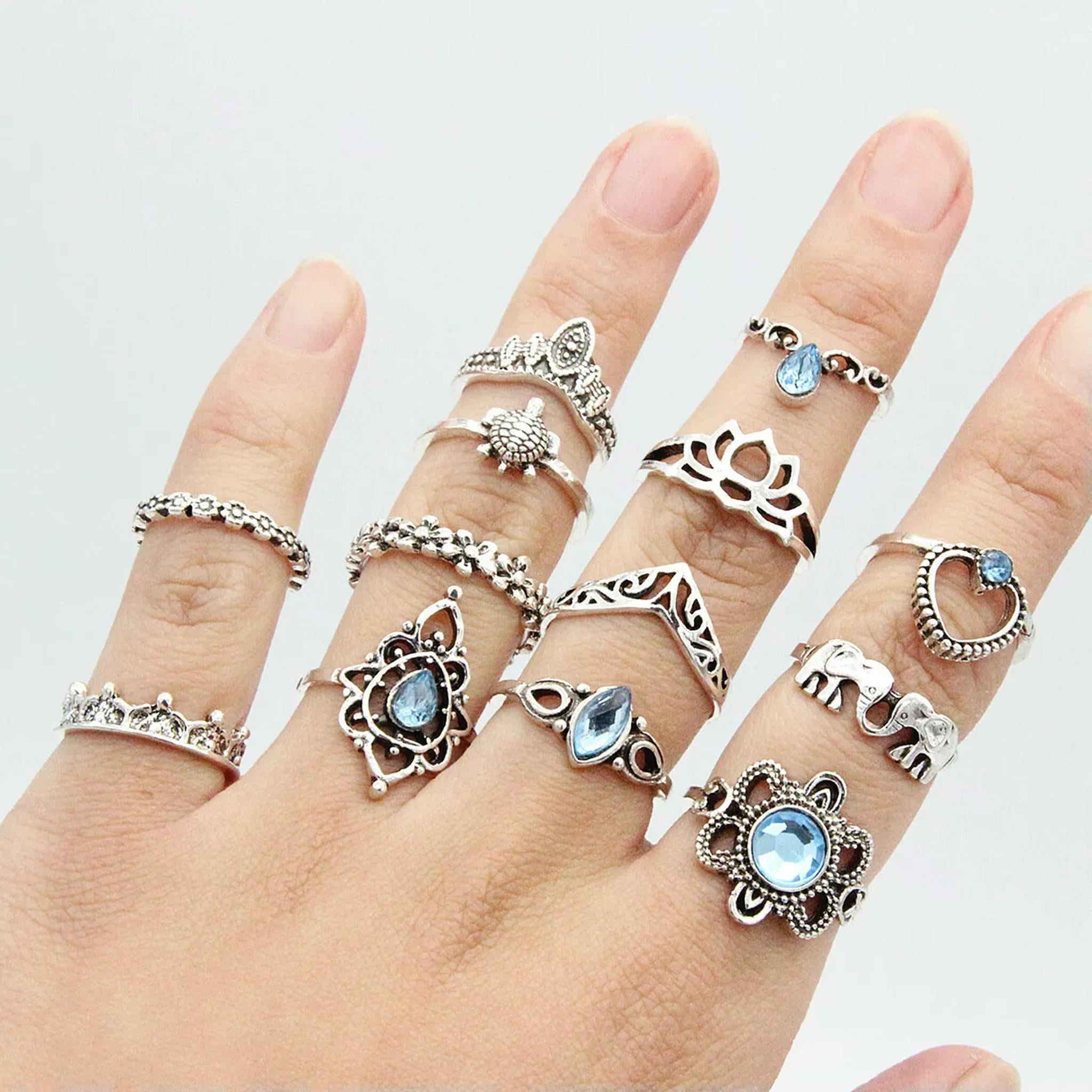 HOOUN 13pcs Silver Boho Stack Above Knuckle Ring Blue Flower Elephant ...