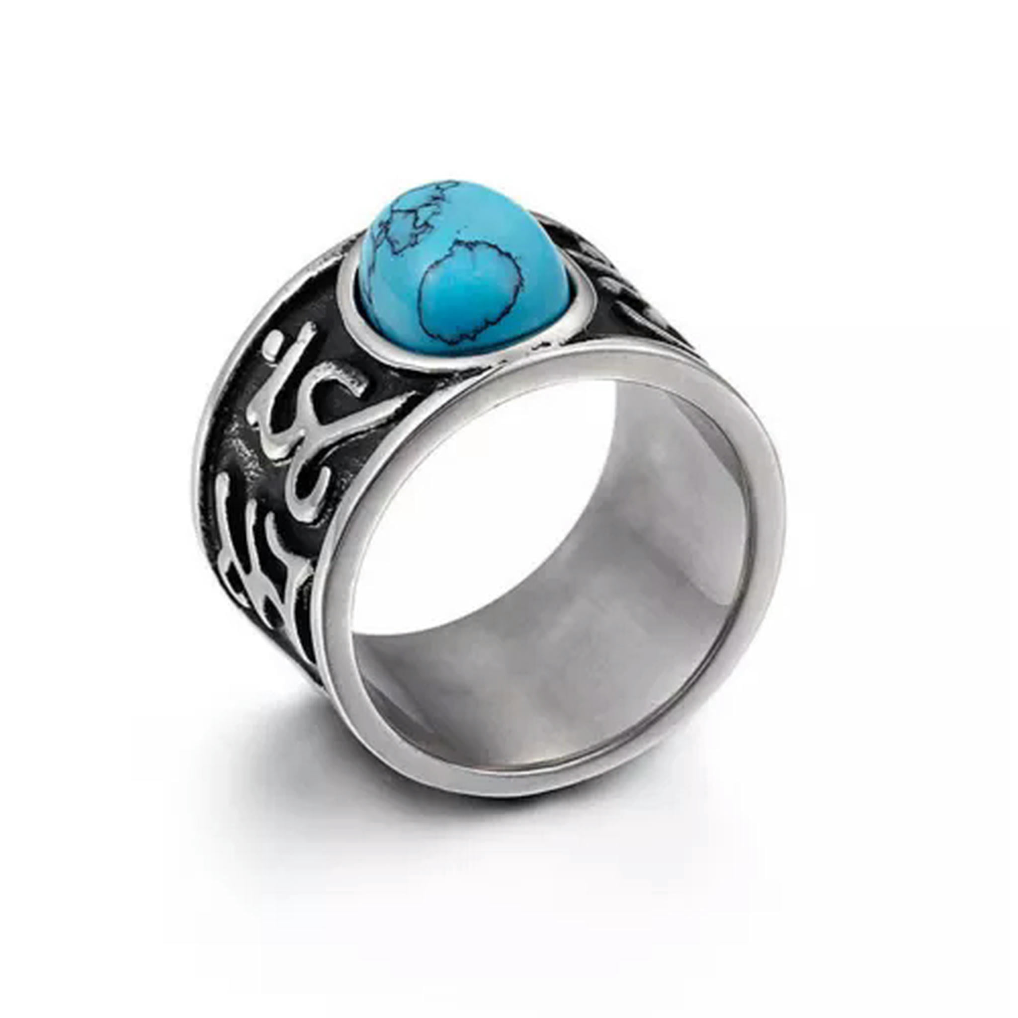 HOOUN 14MM Width Mantra Runes Band Men Stainless Steel Blue Turquoise ...