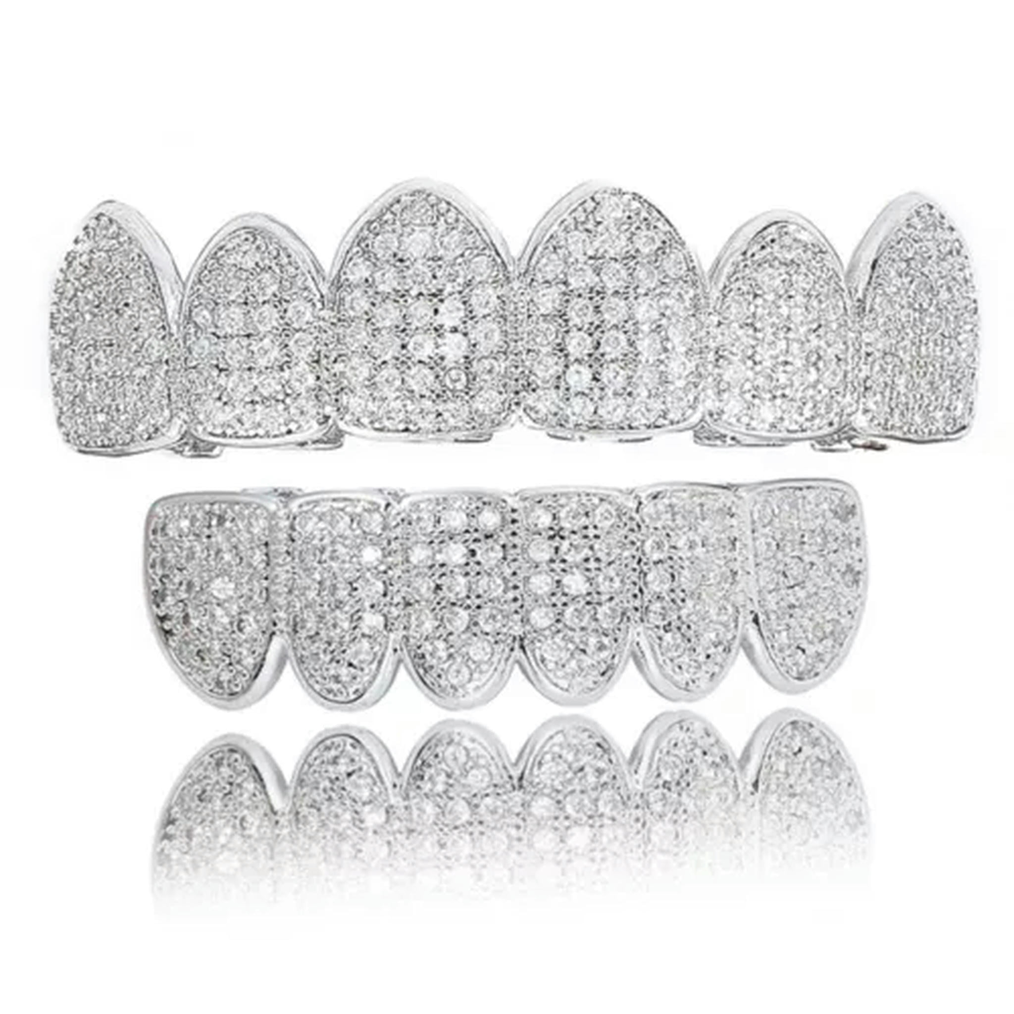 HOOUN 18K Gold Plated Hip Hop Teeth Grillz Top Bottom Mouth Diamond ...