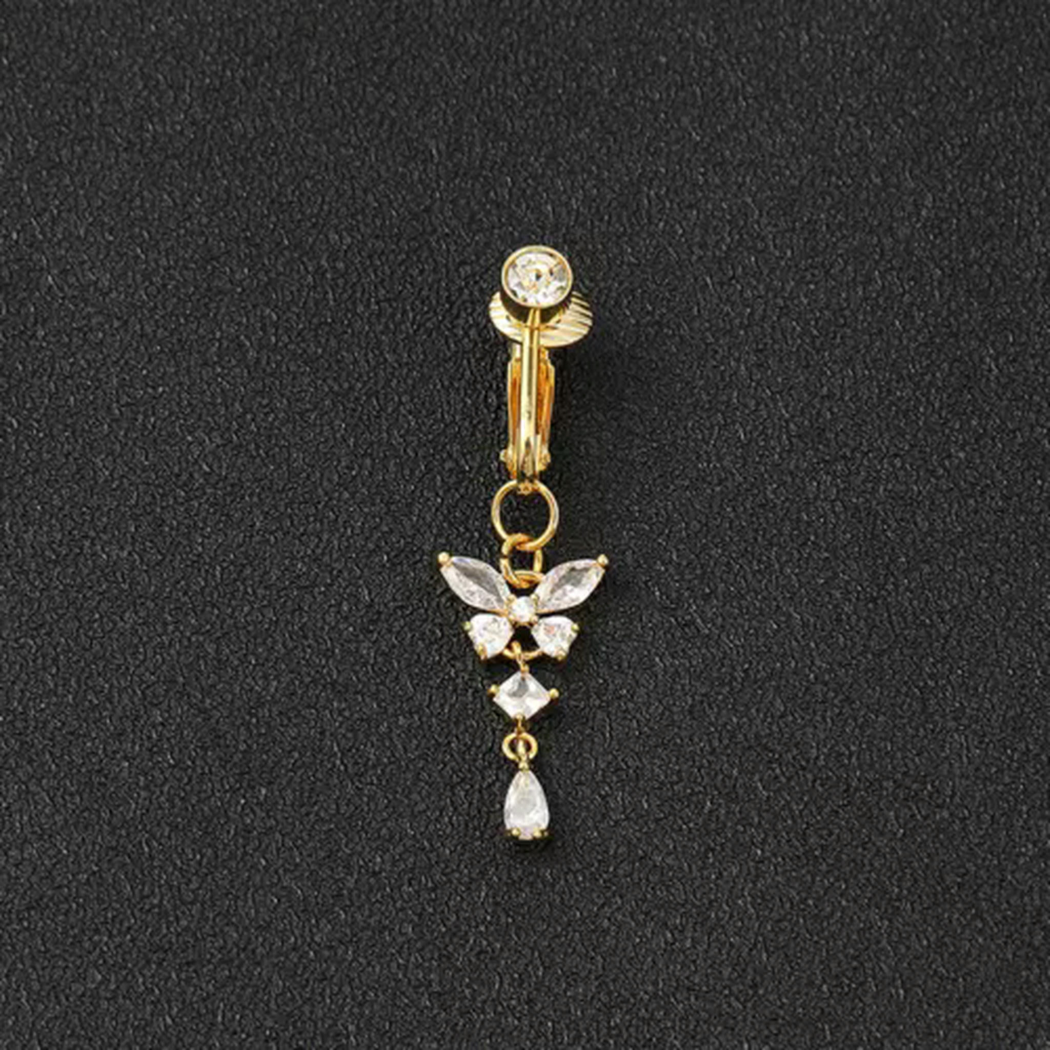 HOOUN 1p Drop Dangle CZ Butterfly Clip Navel Ring Stainless Steel Belly ...
