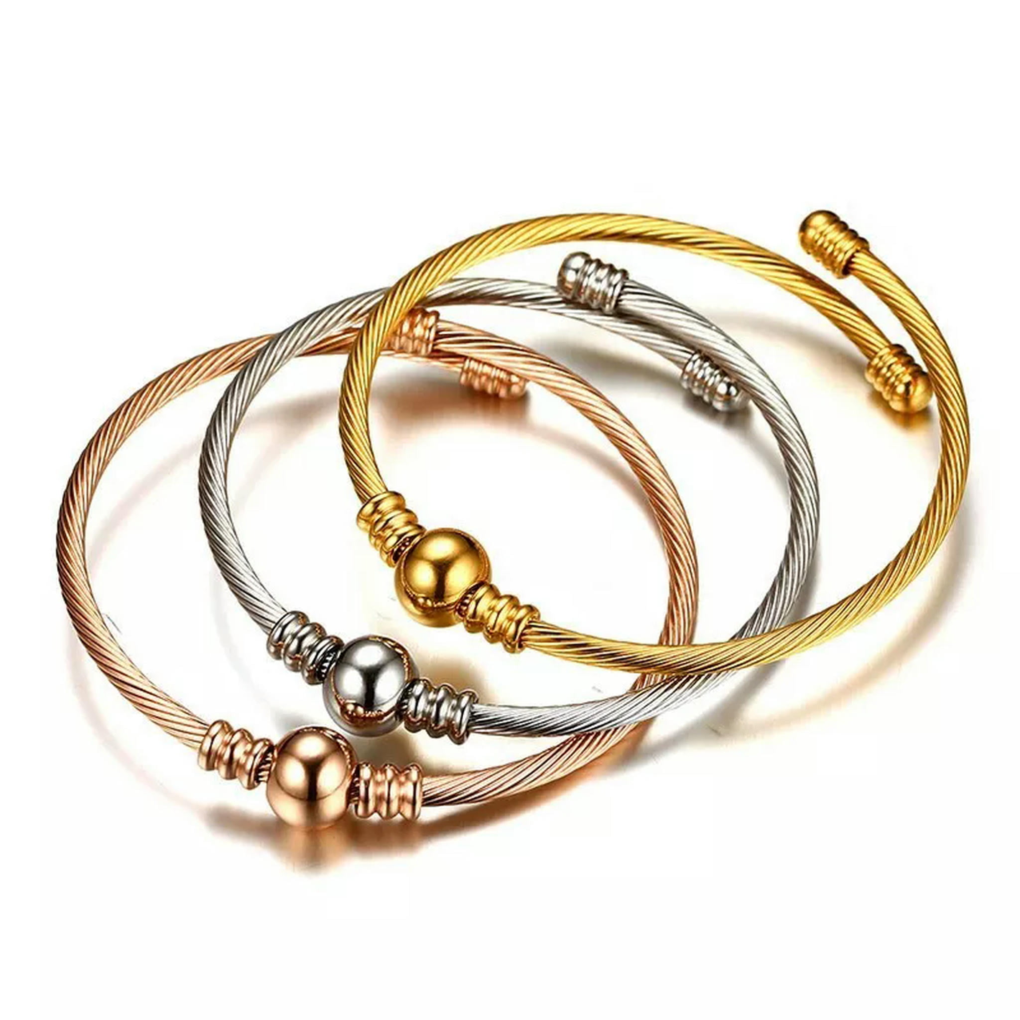HOOUN 3pcs/ Set Tri Color Stainless Steel Cable Wire Beaded Charm Cuff ...