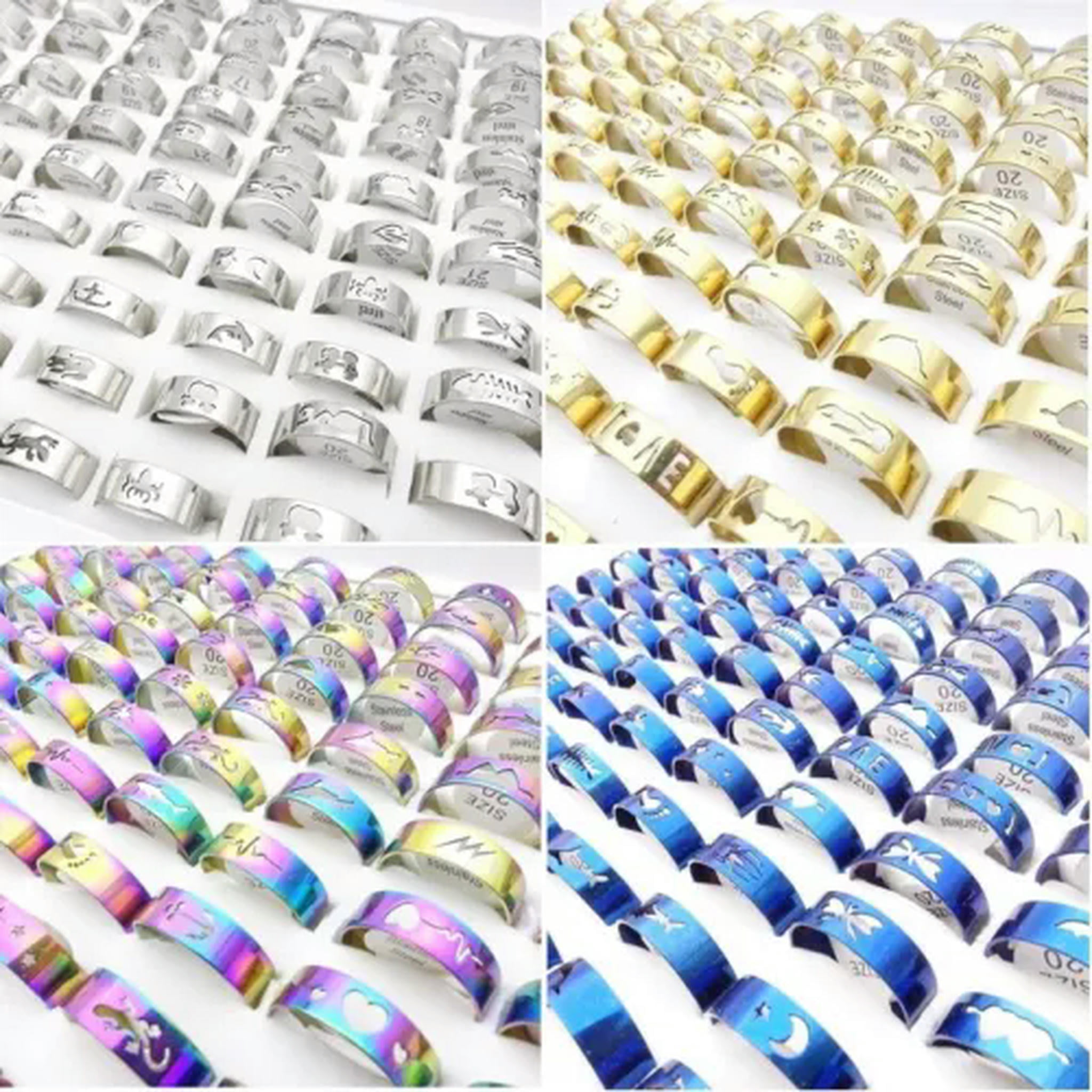 HOOUN 50pcs Stainless Steel Band Rings Mix Laser Cut Patterns Fashion ...