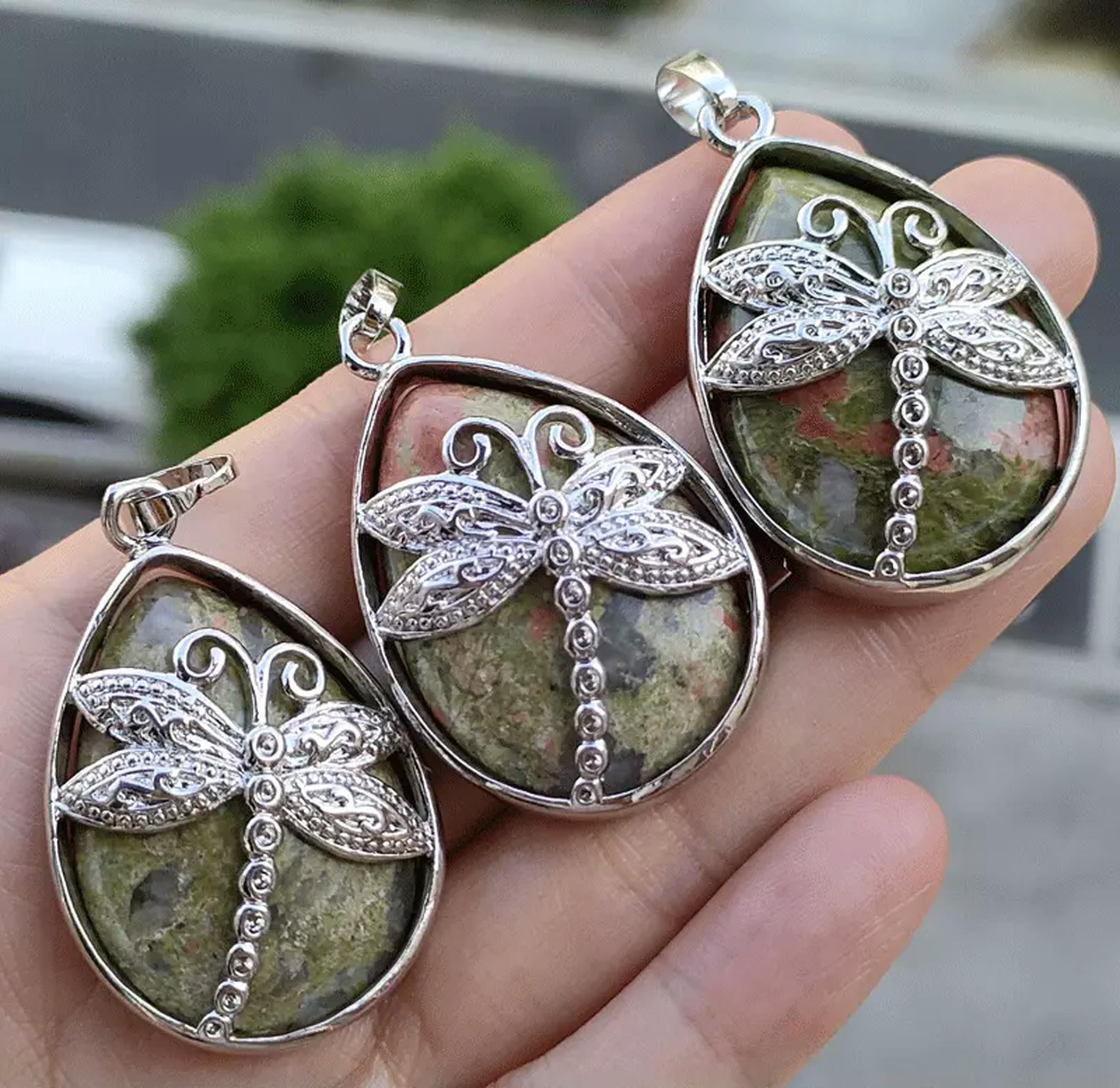 HOOUN 5pcs Unakite Jasper stone Dragonfly Pendants Chakra Reiki Healing ...