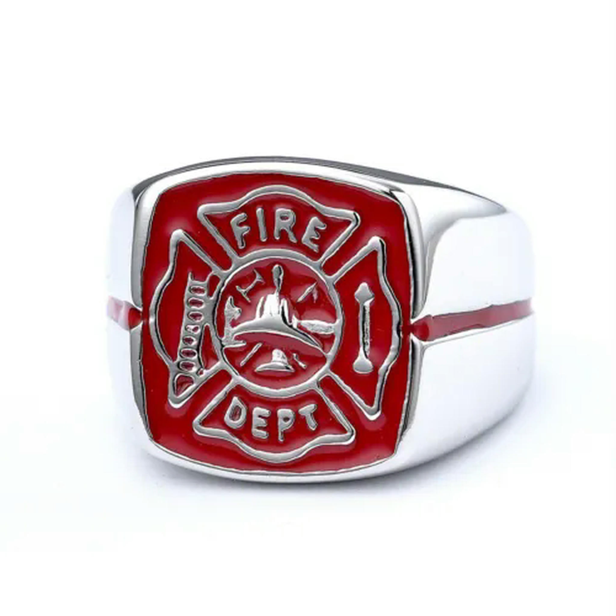 HOOUN Black/Red Enamel Fire Department Firefighter Ring Stainless Steel ...