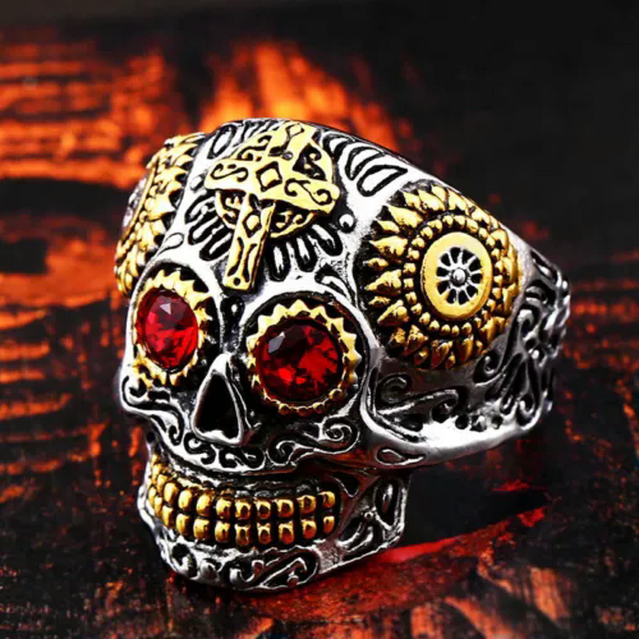 HOOUN Buddhist Lotus Red CZ Eye Skull Ring Stainless Steel Gothic Skull Biker Ring-7 - Walmart.com