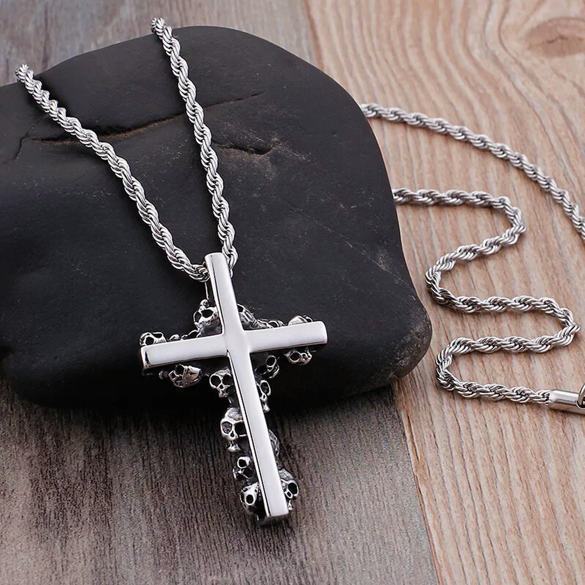 HOOUN Casting Skeleton Skull Cross Pendant Necklace Stainless Steel ...