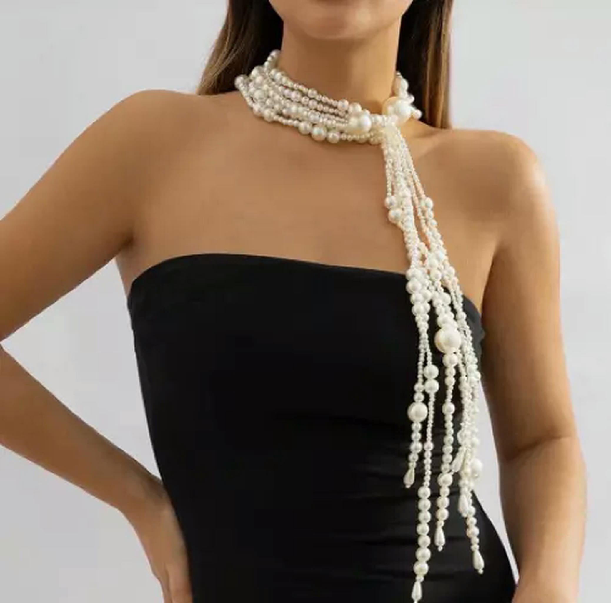 HOOUN Chunky White Jumbo Pearl Layered Statement Necklace Beaded Strand ...