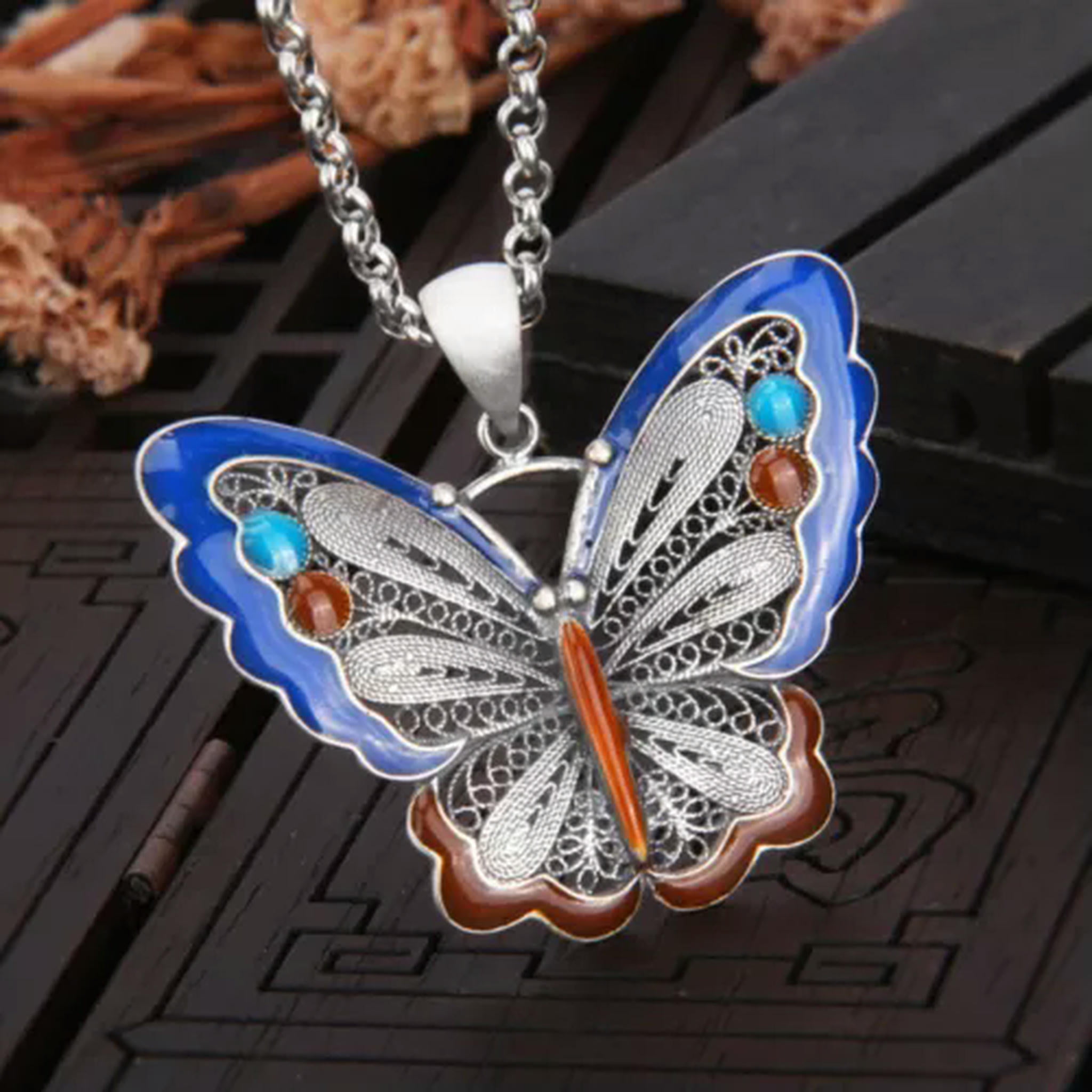 HOOUN Cloisonne Filigree Enamel Butterfly Pendant with Retro Ethnic ...