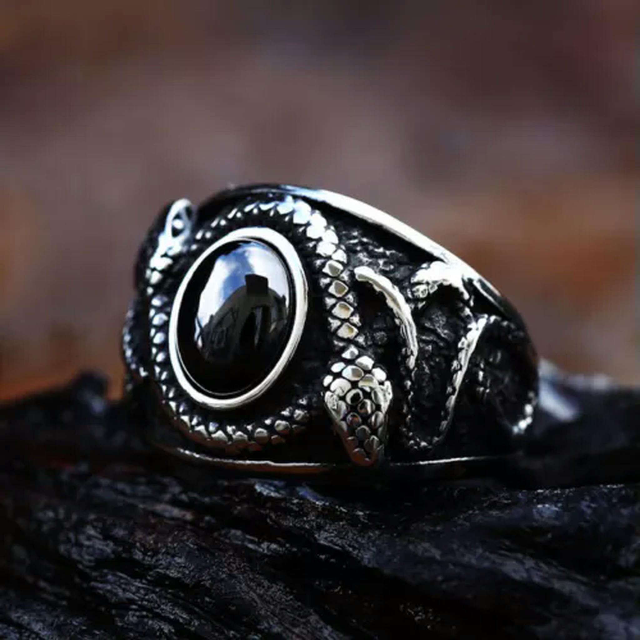 HOOUN Double Snake Black Stone Signet Ring Stainless Steel Vintage ...