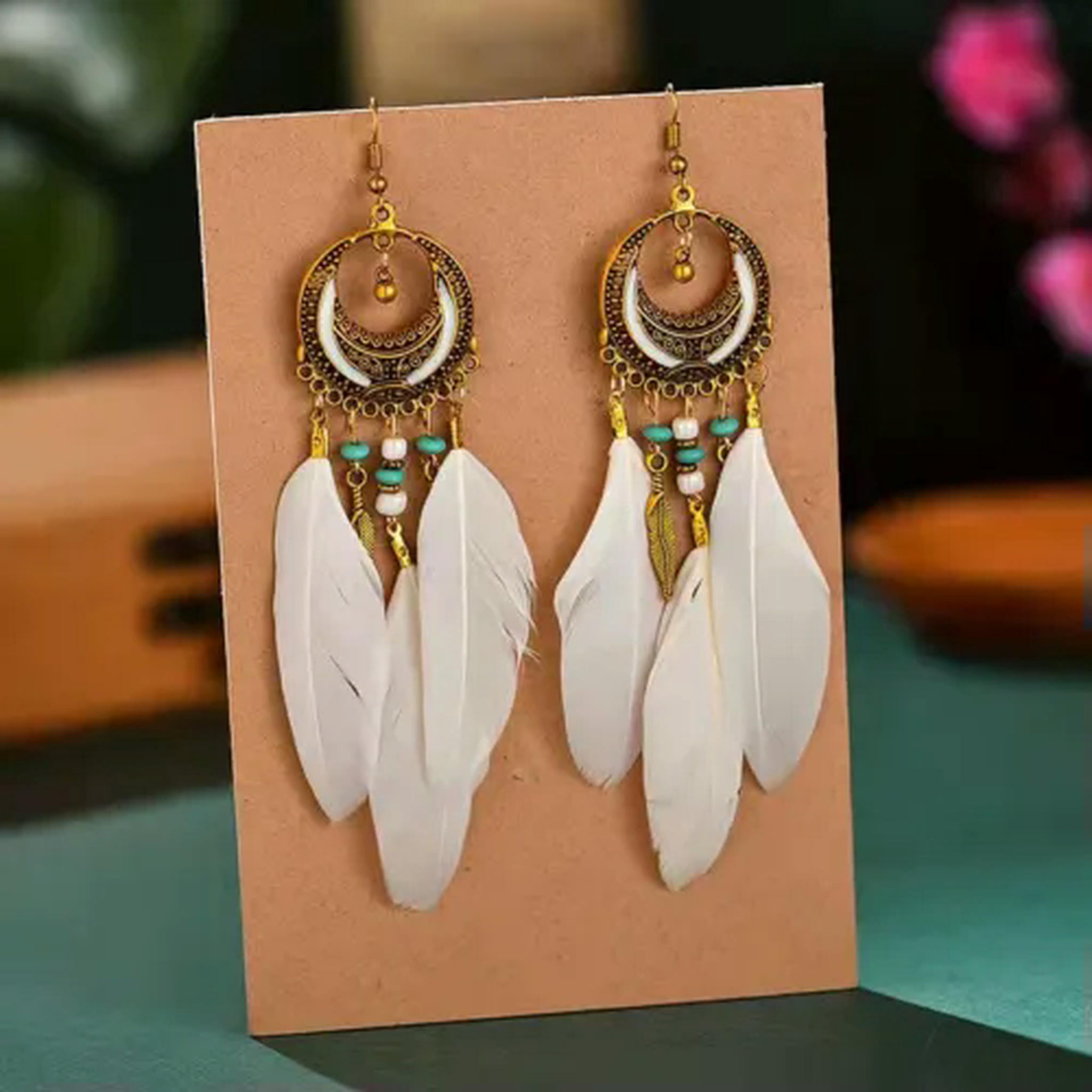 HOOUN Fashion Women Jewelry Boho Tassel Earrings Beads Feather Moon ...