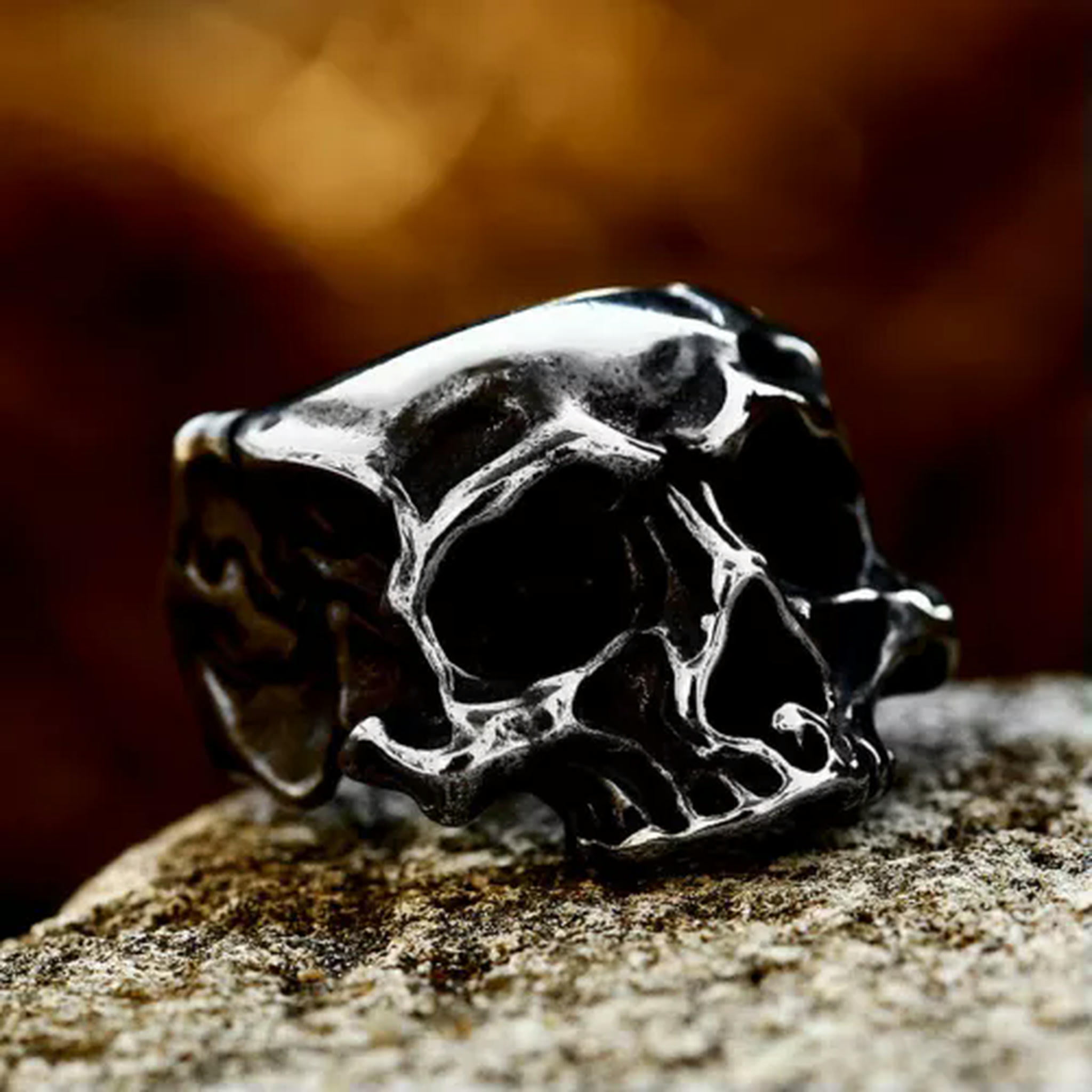 HOOUN Gothic Crooked Skull Ring Men's Stainless Steel Vintage Skull ...